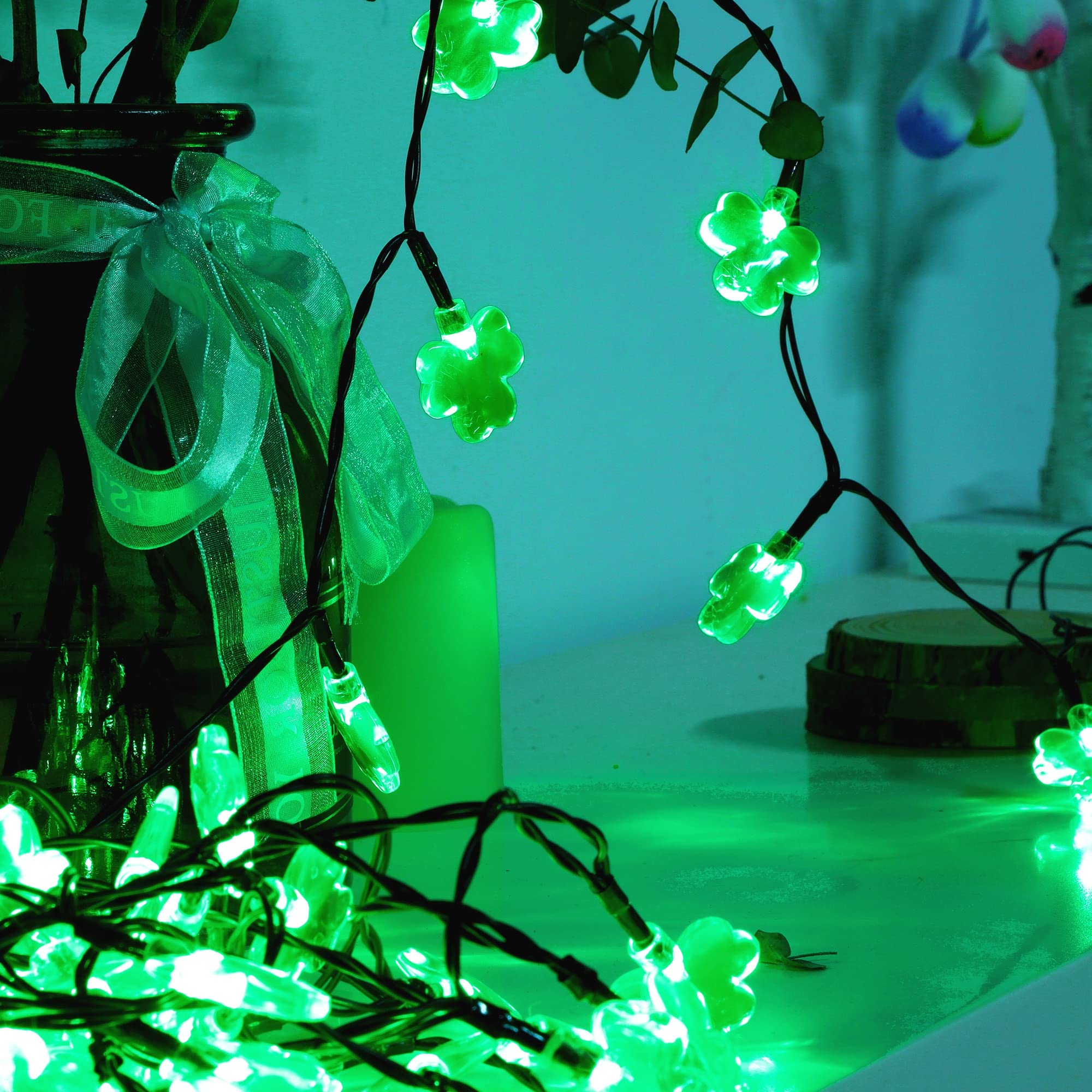 LJLNION St. Patricks Day String Lights Outdoor, 50 LED 16 FT Shamrocks Decorative Green Leaf Lights Battery Operated, 8 Lighting Modes & Timer, Waterproof for Home Garden Party Decoration, 1 Pack