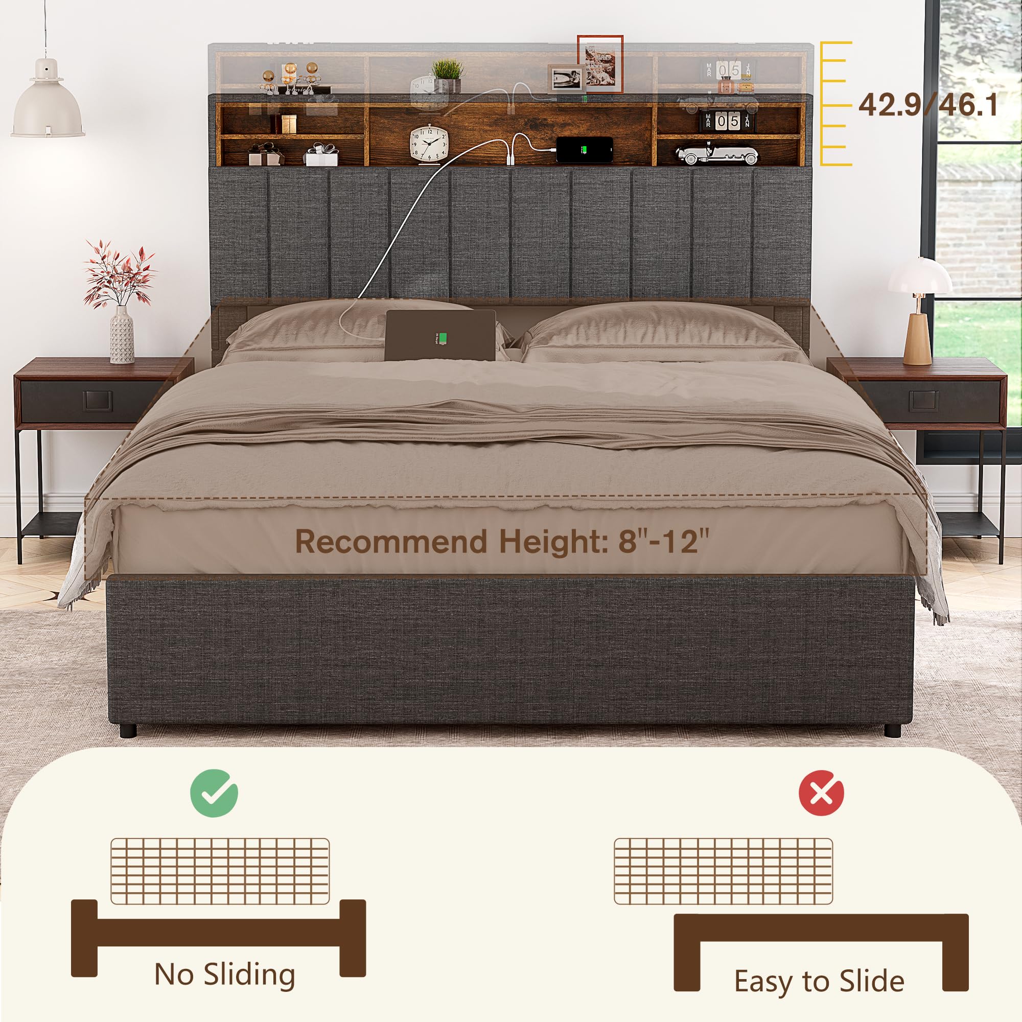 Full Size Bed Frame with Tall Bookcase Headboard and Charging Station, LED Bed Frame with 4 Storage Drawers, Upholstered Platform Bed with Heavy Duty Support Legs, No Box Spring Needed, Dark Grey