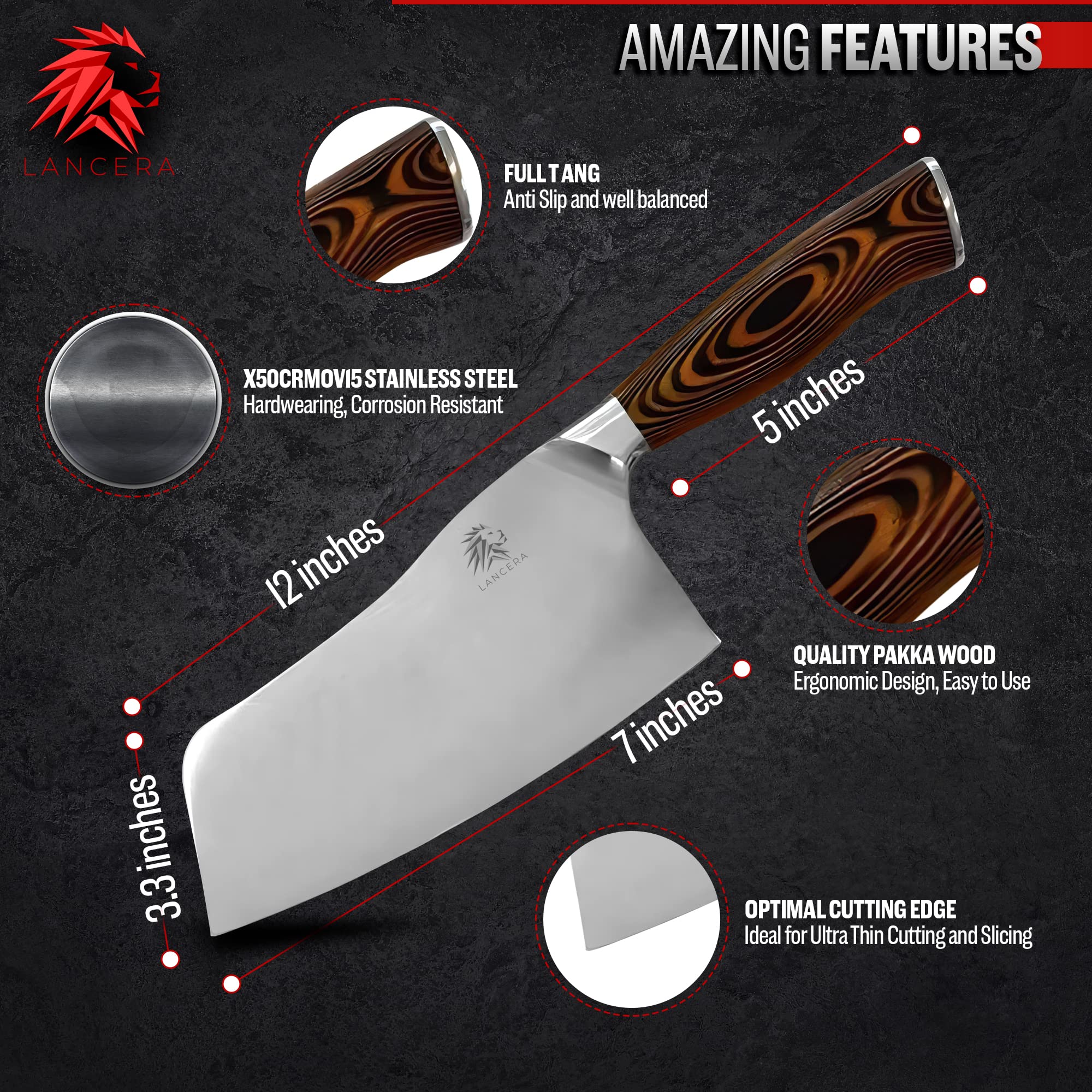 Cleaver Knife 7 Inch Stainless Steel - Professional Chef Knife With Pakka Wood Full Tang Handle, Heavy Duty Blade For Home Kitchen And Restaurant