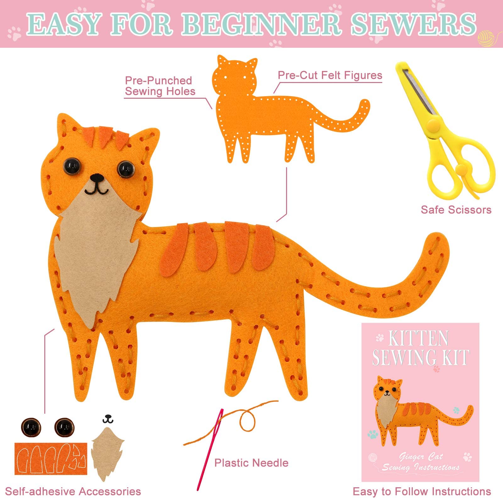CiyvoLyeen Kitten Craft Kit Kids DIY Crafting and Sewing Set Kitty Cat Stuffed Animal Felt Plushies for Girls and Boys Educational Beginners Sewing Gift Ideas