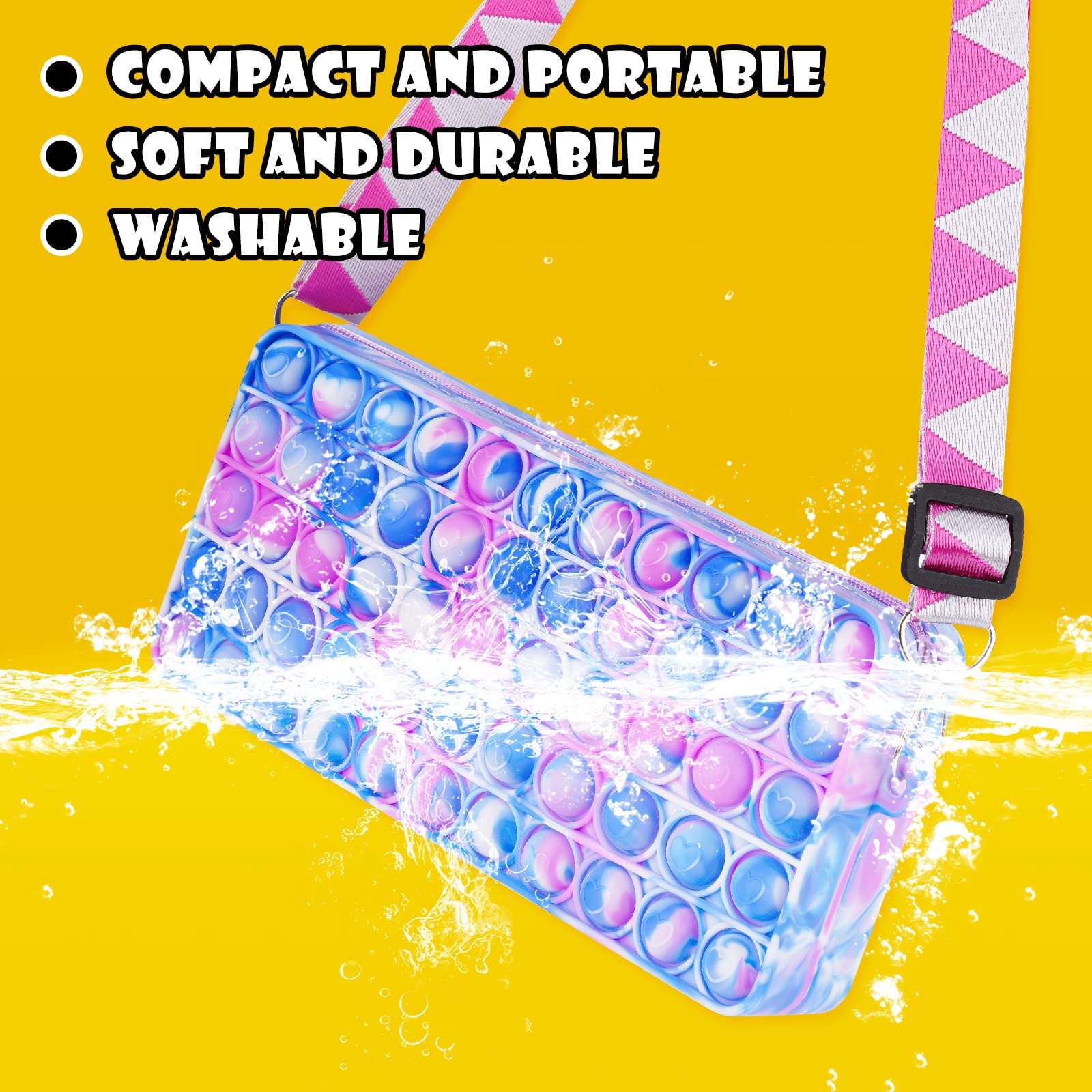 NiToy Push Pop Bubble Purse Fidget Sensory Toy+Dolphin Pop Keychain for Girls, Multicolor Popper Crossbody Shoulder Zipper Handbag Adjustable Belt Cosmetic Travel Case Storage