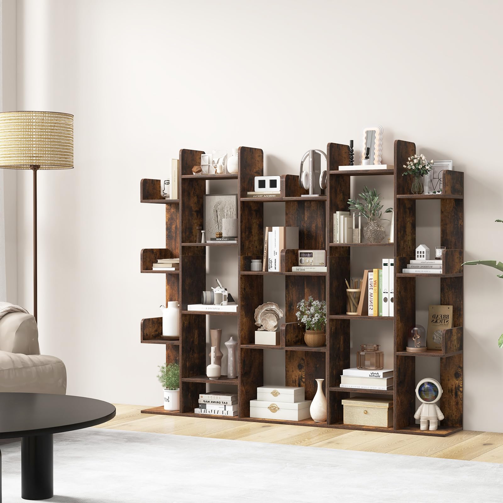 Tangkula Freestanding Tree Bookshelf, Corner Storage Organizer with 13 Open Shelves, Decorative Display Cube Shelf for Living Room, Study, Office, 34 x 9.5 x 55.5 Inch (1, Rustic Brown)