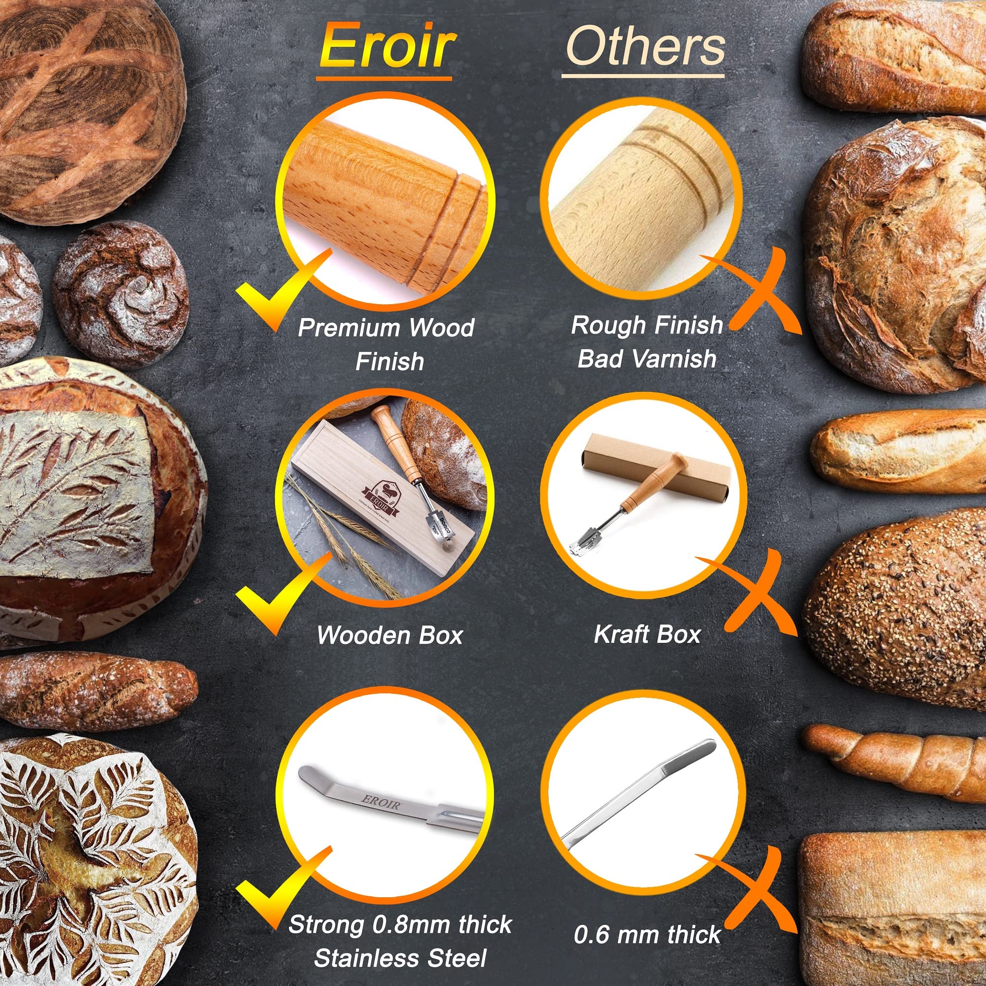 EROIR Hand Crafted Bread Lame Dough Scoring Tool in Wooden Storage Box for Sourdough Bread Baking - Dough Scoring Knife with 10 Extra Blades and a Protective Leather Cover