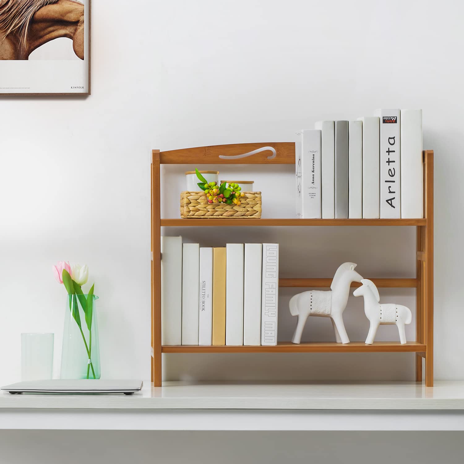 MoNiBloom Bamboo 2-Tier Bookshelf Bookcase Storage Organizer Plant Flower Stand, Utility Shelf Rack for Living Room Bathroom Balcony Table Home, Natural