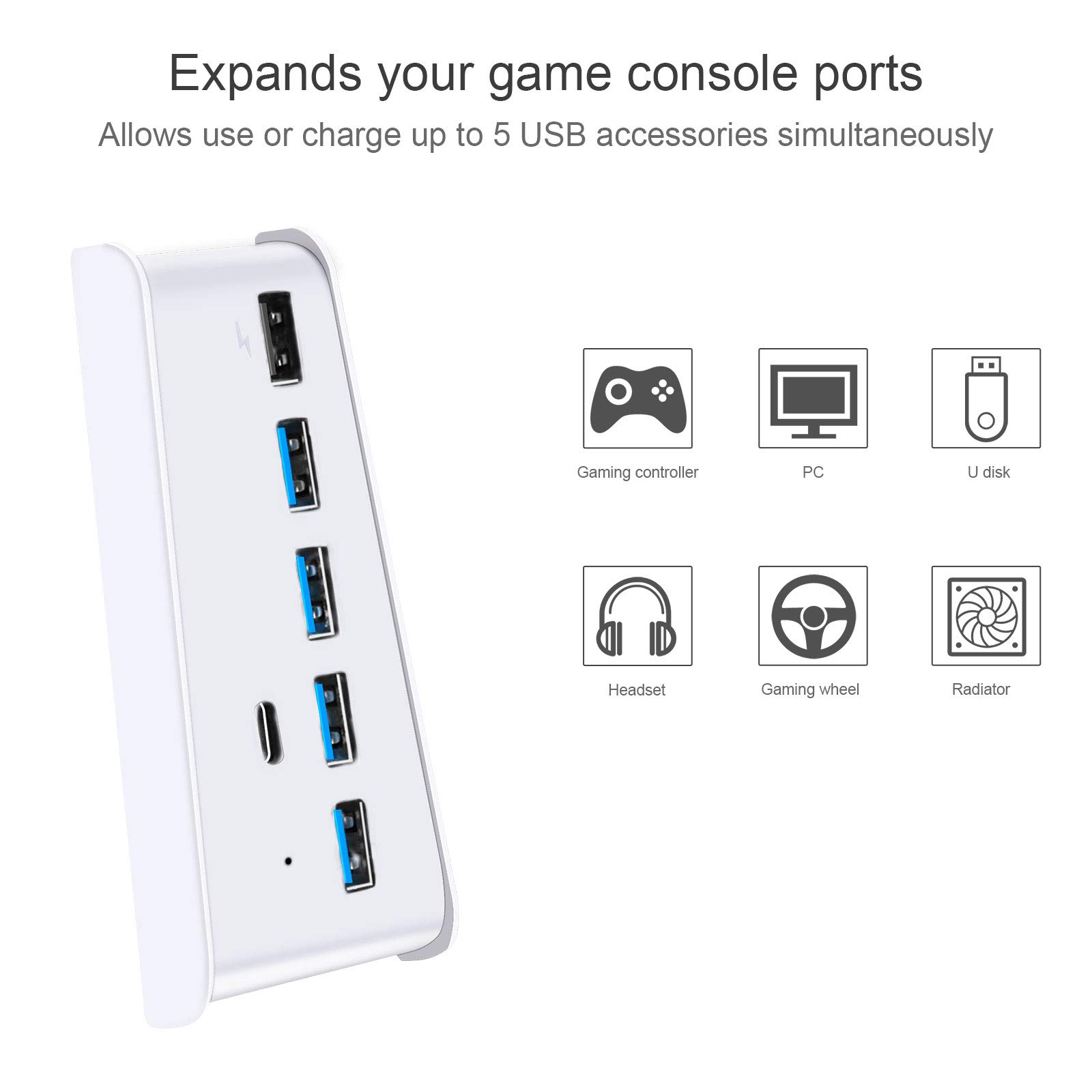 AKNES 5 Port Hub for PS5 Console, USB 2.0 High-Speed Expansion Hub Charger Controller Adapter Connector Compatible with PS5 Gaming Console,Expands Game Console Ports, White