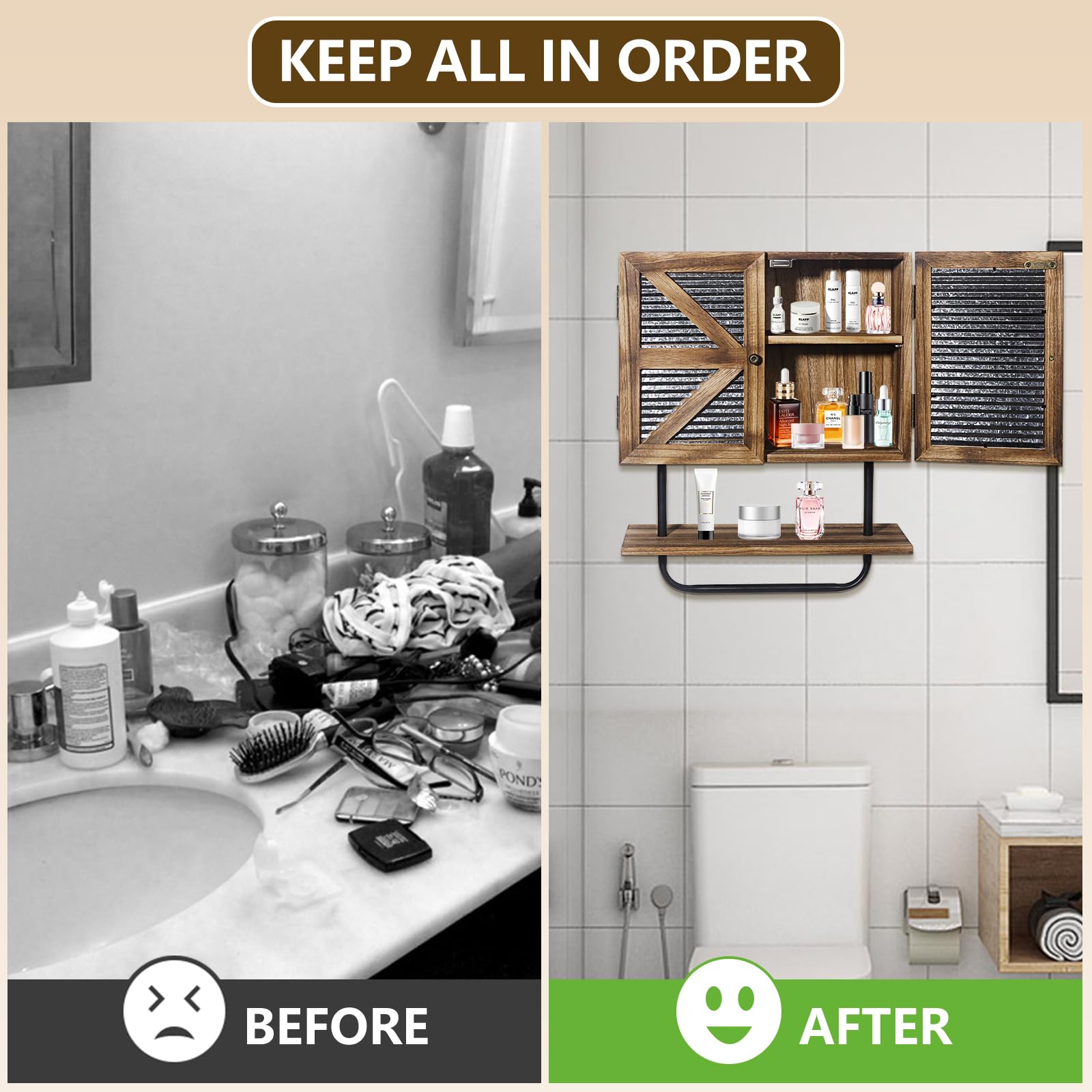 Butizone Small Bathroom Wall Cabinet, 17x21'' Barndoor Medicine Cabinet Wall Mount, 3 Tier Rustic Bathroom Storage Cabinet Over Toilet with Adjustable Shelf and Towel Bar for Bathroom Laundry Room