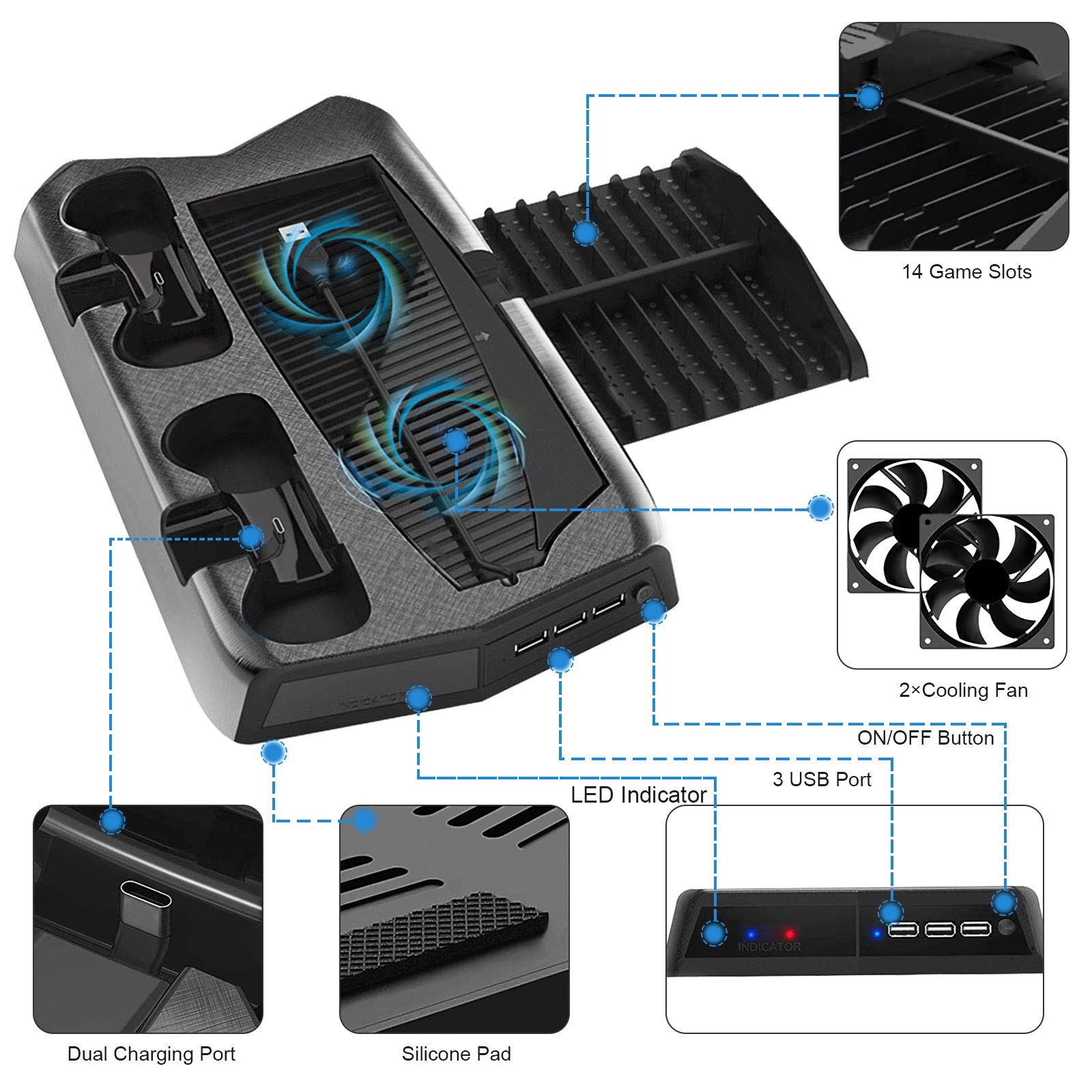 AKNES Vertical Stand with Cooling Fan for PS5/Playstation 5/PS5 Digital Edition, Dual Controller Charger Station with 14 Game Storage and Dualshock Charger, 3 Extra USB HUB Port, A PS5 Storage Bag