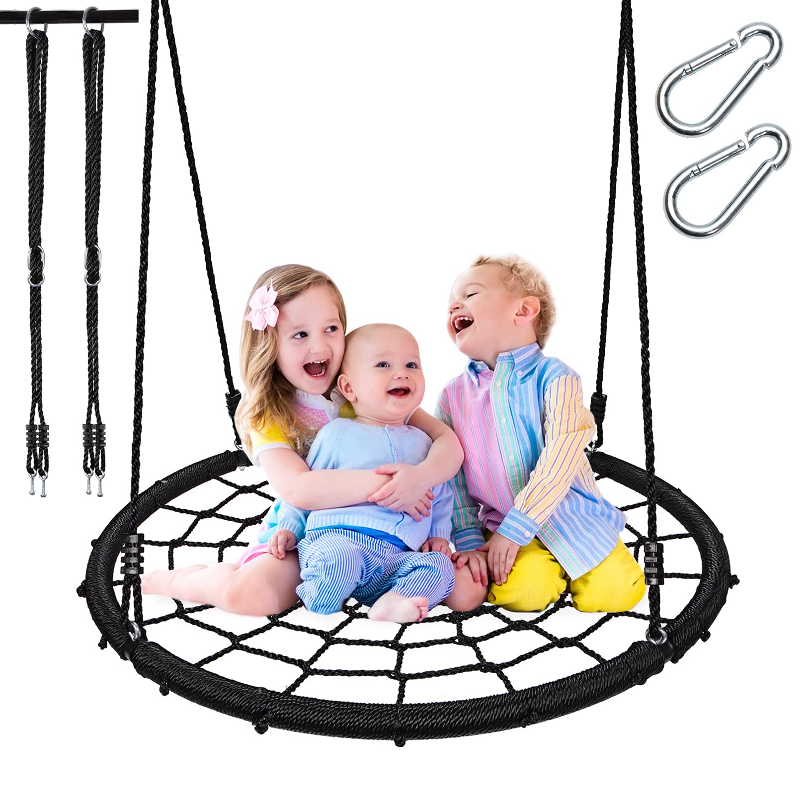 Pitpat 40" Spider Web Swing with 4 Ropes Adjustable from 55" to 102", Spider Swing for Kids for Kids MAX 440 Lbs Load and Stainless Steel Frame, Outdoor Large Web Swings for Tree - Black Upgraded