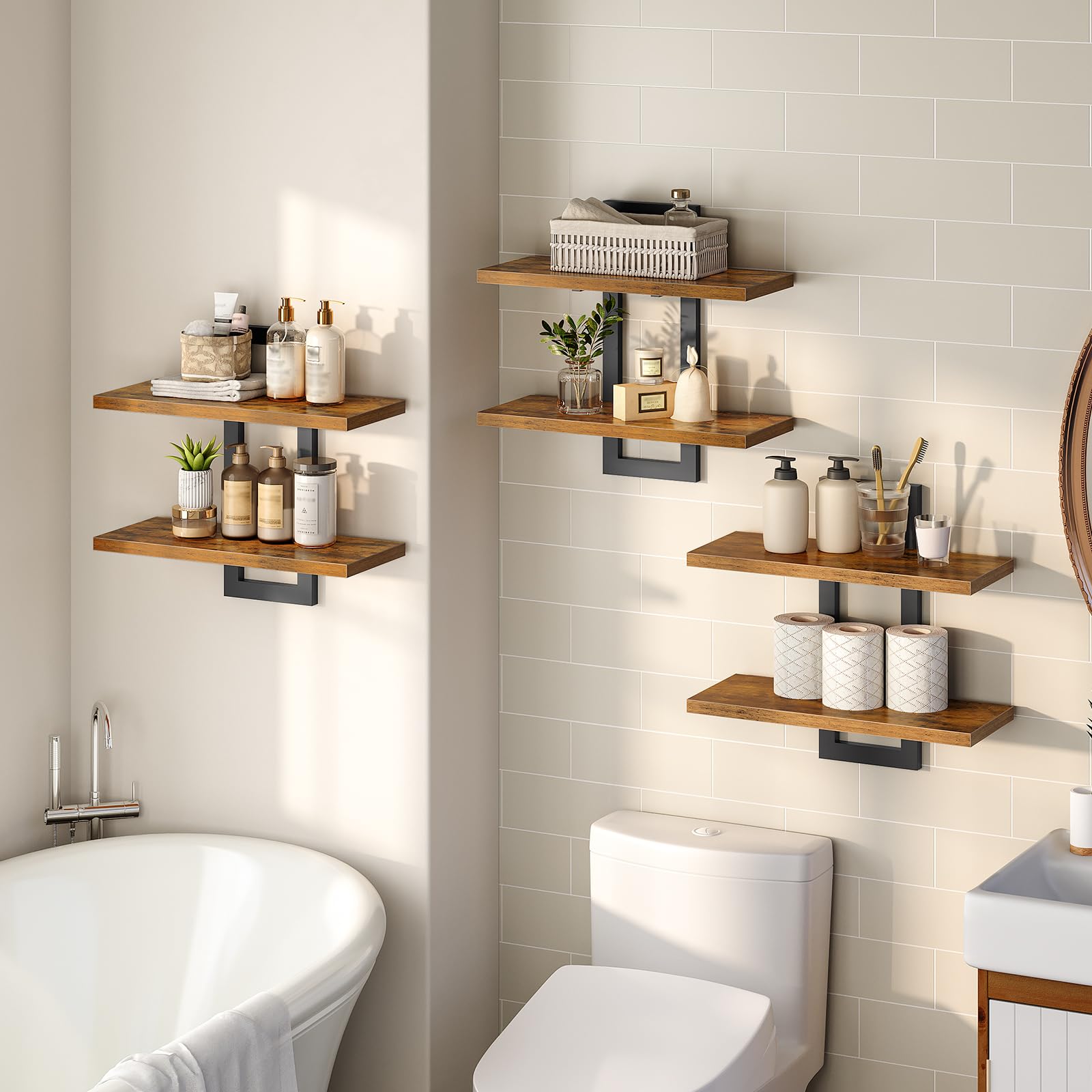 HOOBRO Floating Shelves, 15 Inch Wall Shelf Set of 3, Wall Mounted Storage Shelves 2-Tier, Hanging Bathroom Shelves, for Living Room, Bedroom, Bathroom, Kitchen, Rustic Brown and Black BF32BJP301
