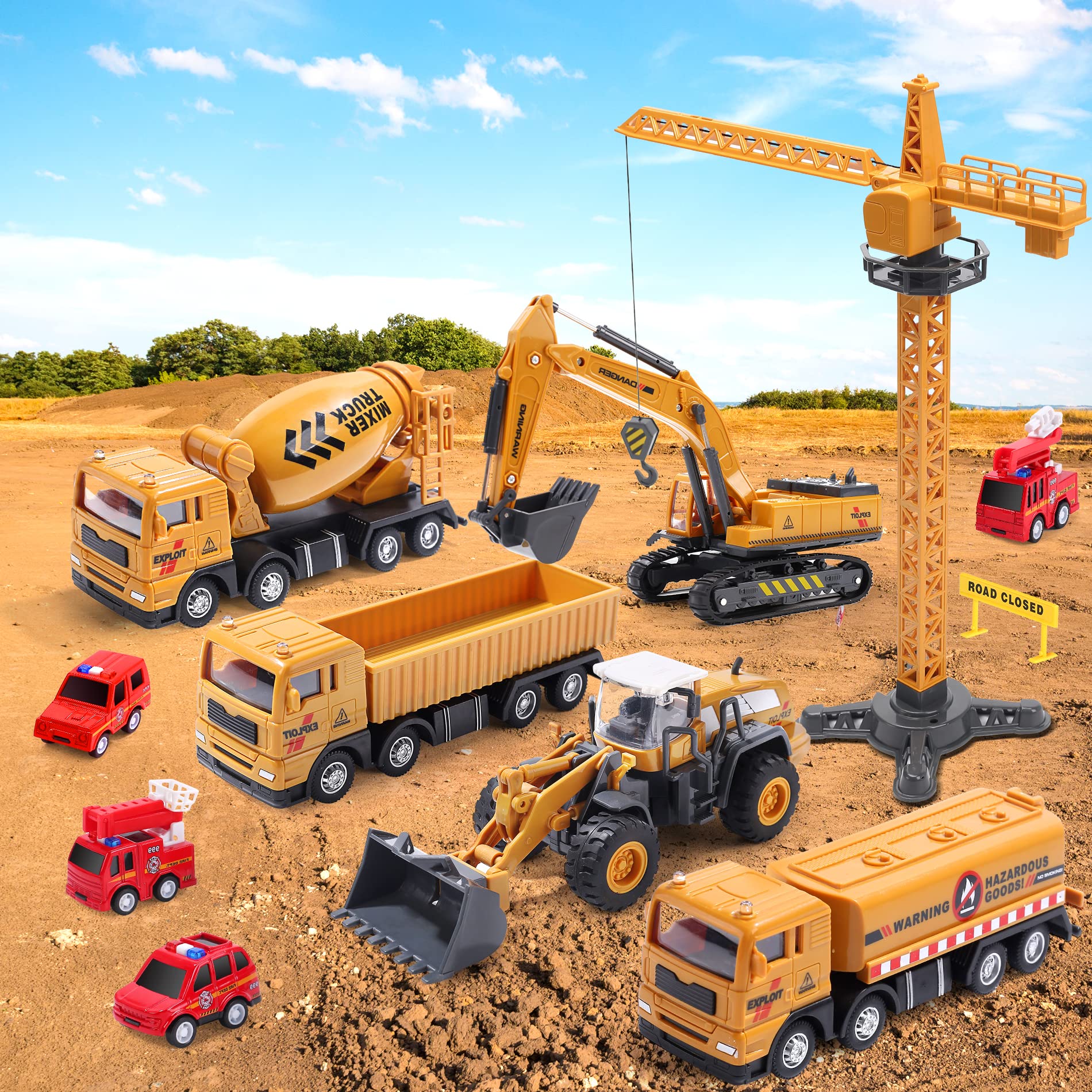 skirtoy Kids Construction Vehicles Playset with Playmat, 18" Crane Toy, 10" Excavator, Tractor, Dump Truck, Cement, 4 Firetrucks, Educational Engineering Toy Set Birthday Gift for Toddler Boy 3+