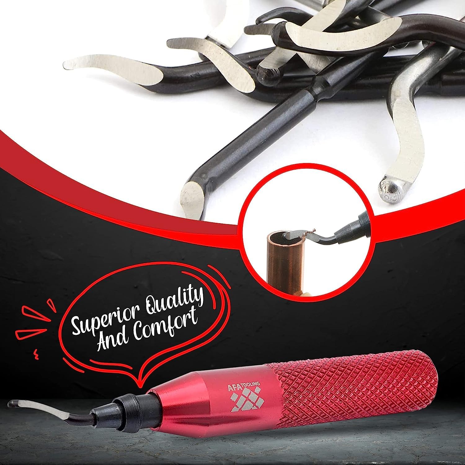 AFA Tooling - Deburring Tool with 15 Extra High Speed Steel Swivel Blades - Works on Metal, Resin, PVC Pipes, Copper, Plastic and 3D Printed Edges - Plumbing & 3D Printing Burr Removal Reamer Tool