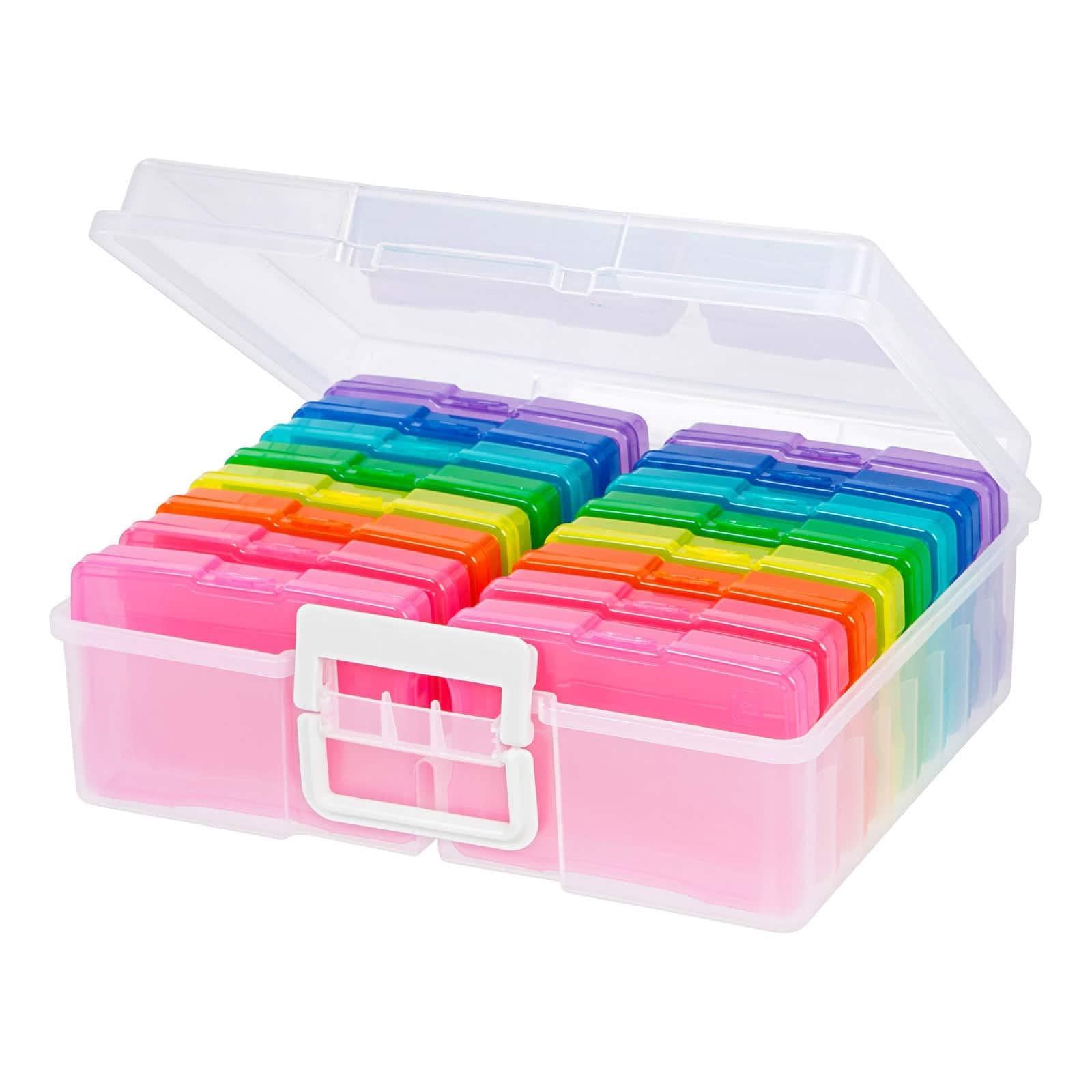 Rainbow Plastic Photo & Craft Keeper Box by Simply Tidy - Acid Free Container Includes 16 Cases and Holds Up to 1,600 Photos - Bulk 8 Pack