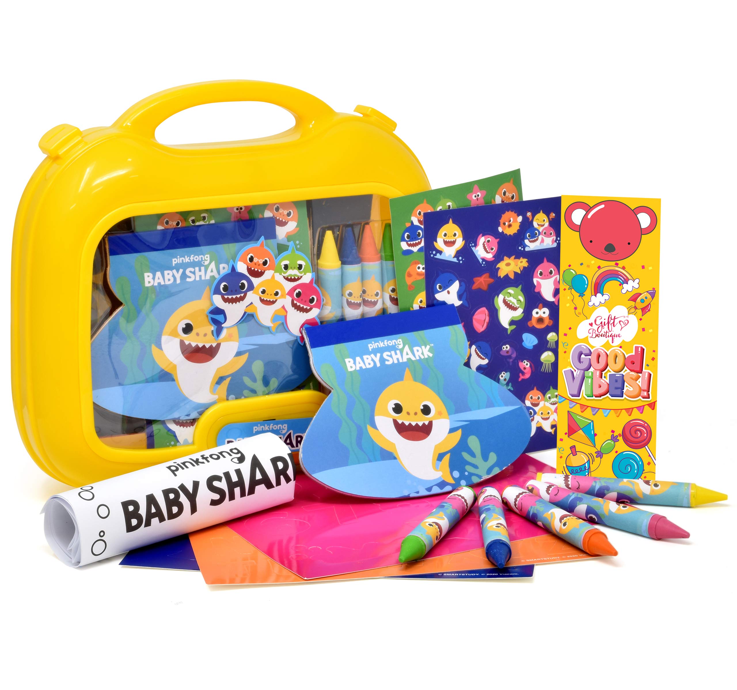 Gift Boutique Baby Shark Coloring Case Art Set Mess Free Color Activities Jumbo Crayons Stickers Doodle Pad Complete Baby Shark Crafts in Travel Case & Bookmark for Kids Toddlers Girls and Boys