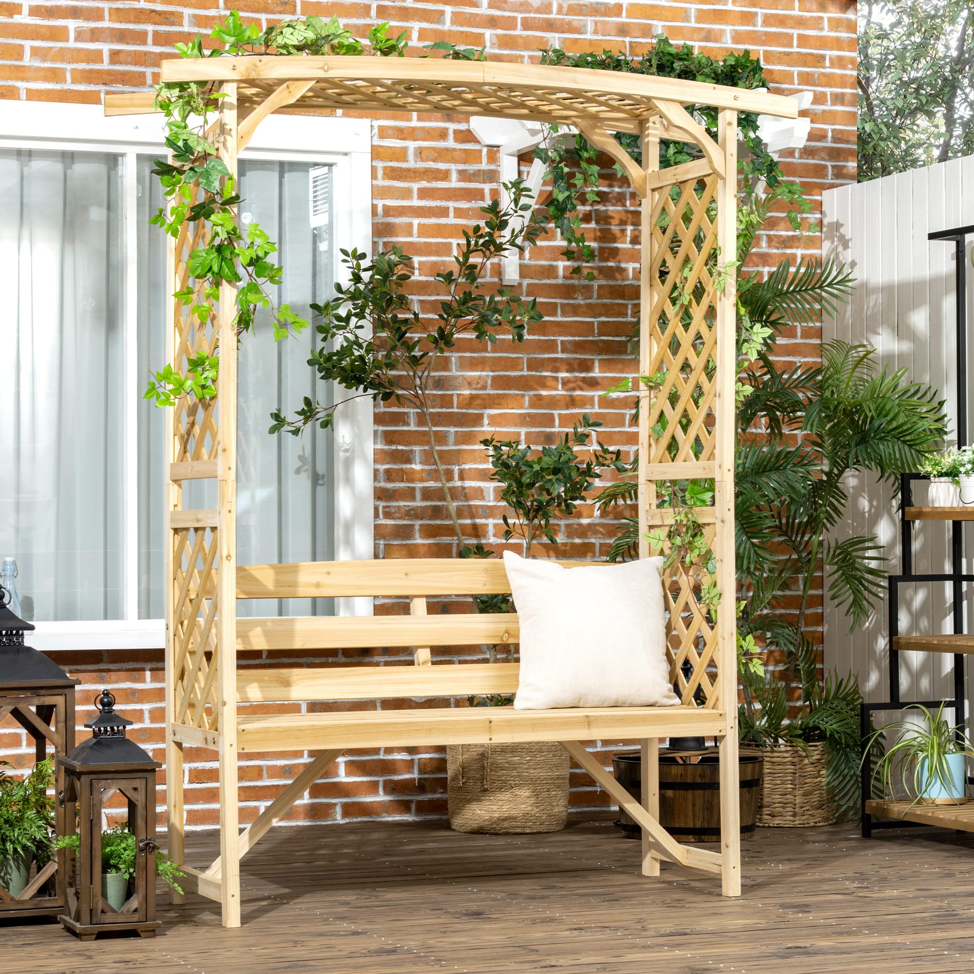 Outsunny Patio Garden Bench Arbor Arch with Pergola and 2 Trellises, 3 Seat Natural Wooden Outdoor Bench for Grape Vines & Climbing Plants, Backyard Decor, Natural
