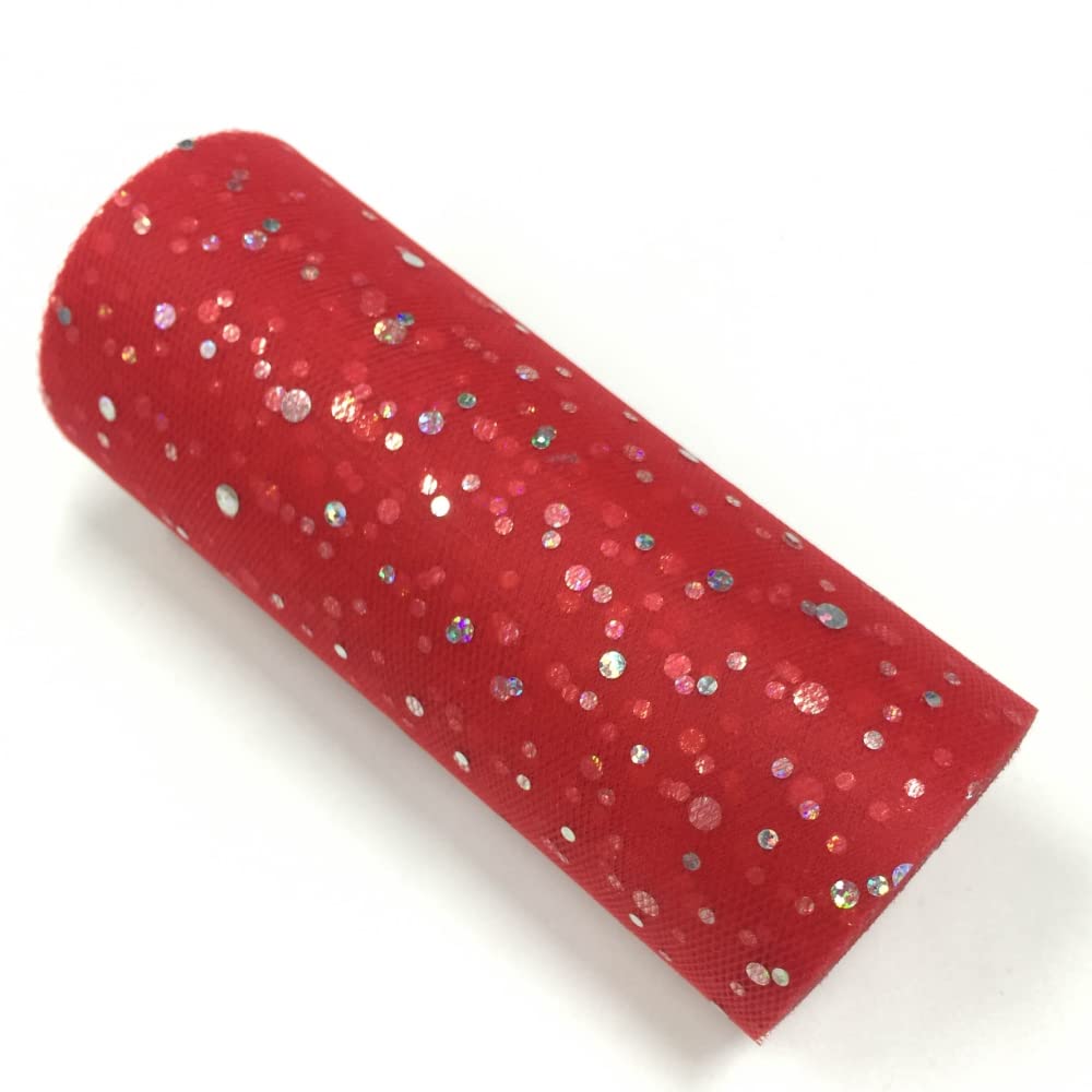 Glitter Sequin Tulle Roll Wedding Decoration Organza DIY Birthday Party Supplies Fabric Spool Tulle Tutu Dress 25 Yards x 6 inches (Red)