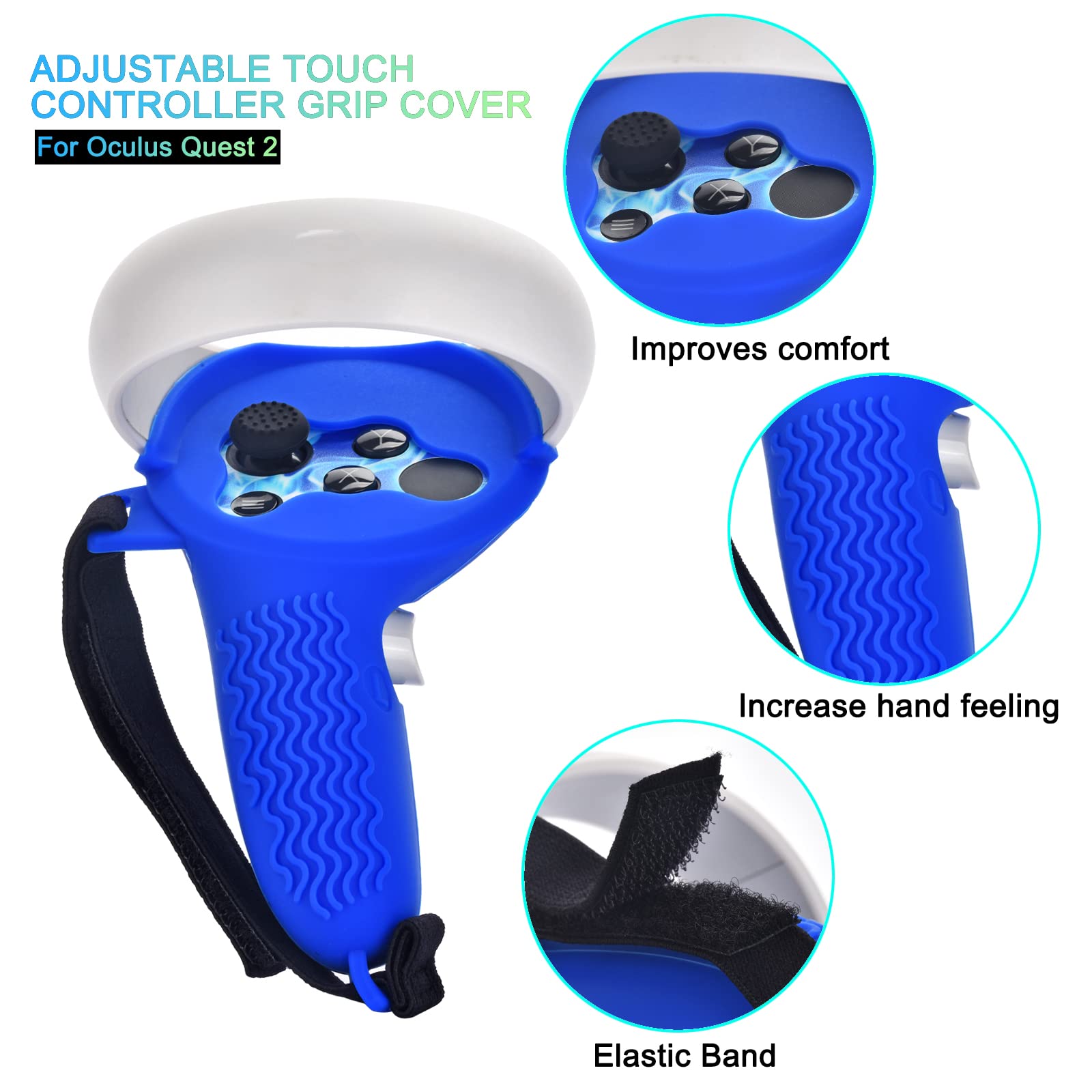 Ahroy Silicone Controller Grip Quest 2 Accessories with VR Headset Controller Skin, Lens Cover, VR Headset Lens Cleaning Pen, Microfiber Cloths, Thumb Button Cap, Silicone Face Cover (Blue)