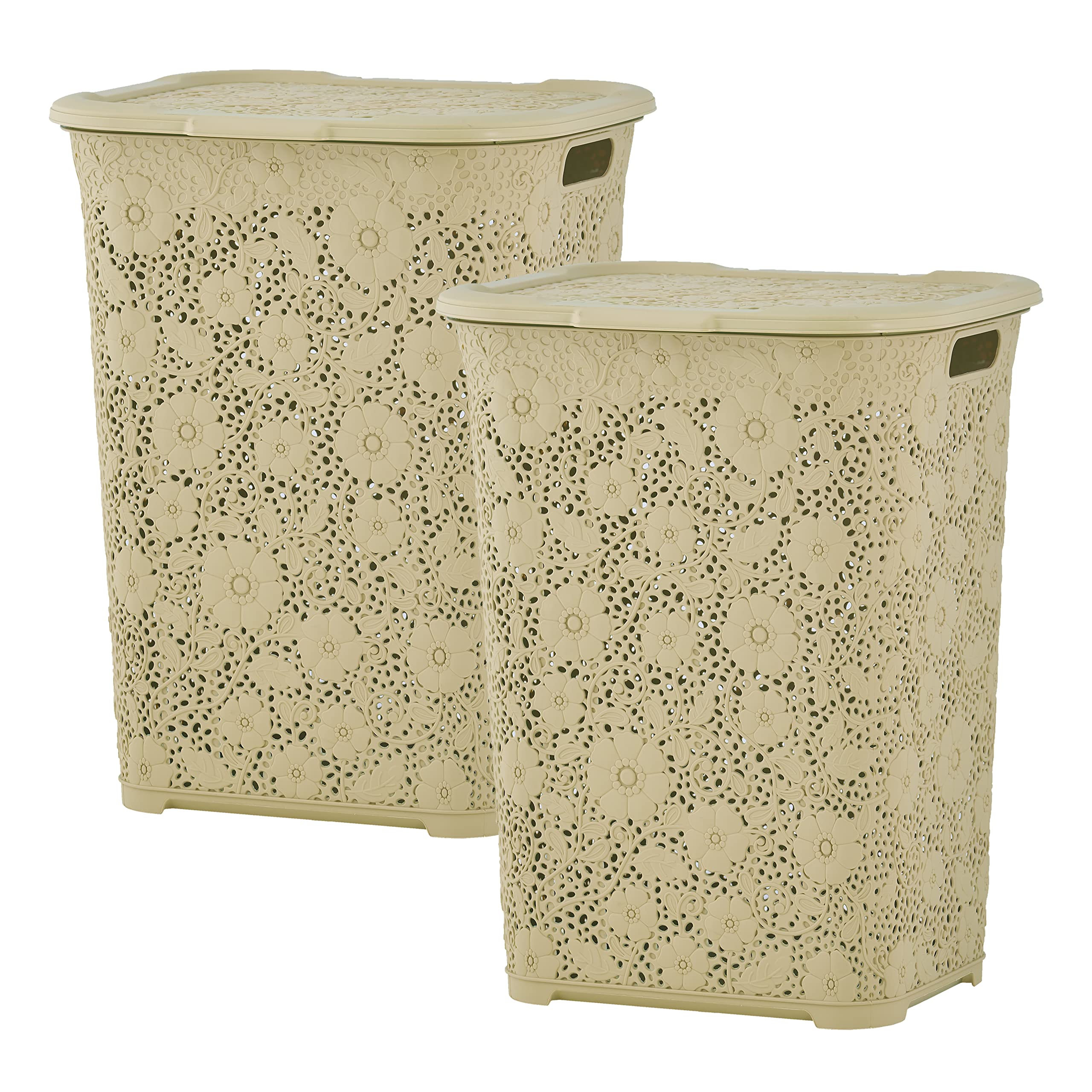 Superio Laundry Hamper with Lid Lace Design 50 Liter – 2 Pack Laundry Hamper Basket with Cutout Handles, Rectangular Shape Modern Style Bin -Dirty Cloths Storage (Beige 2 Pack)