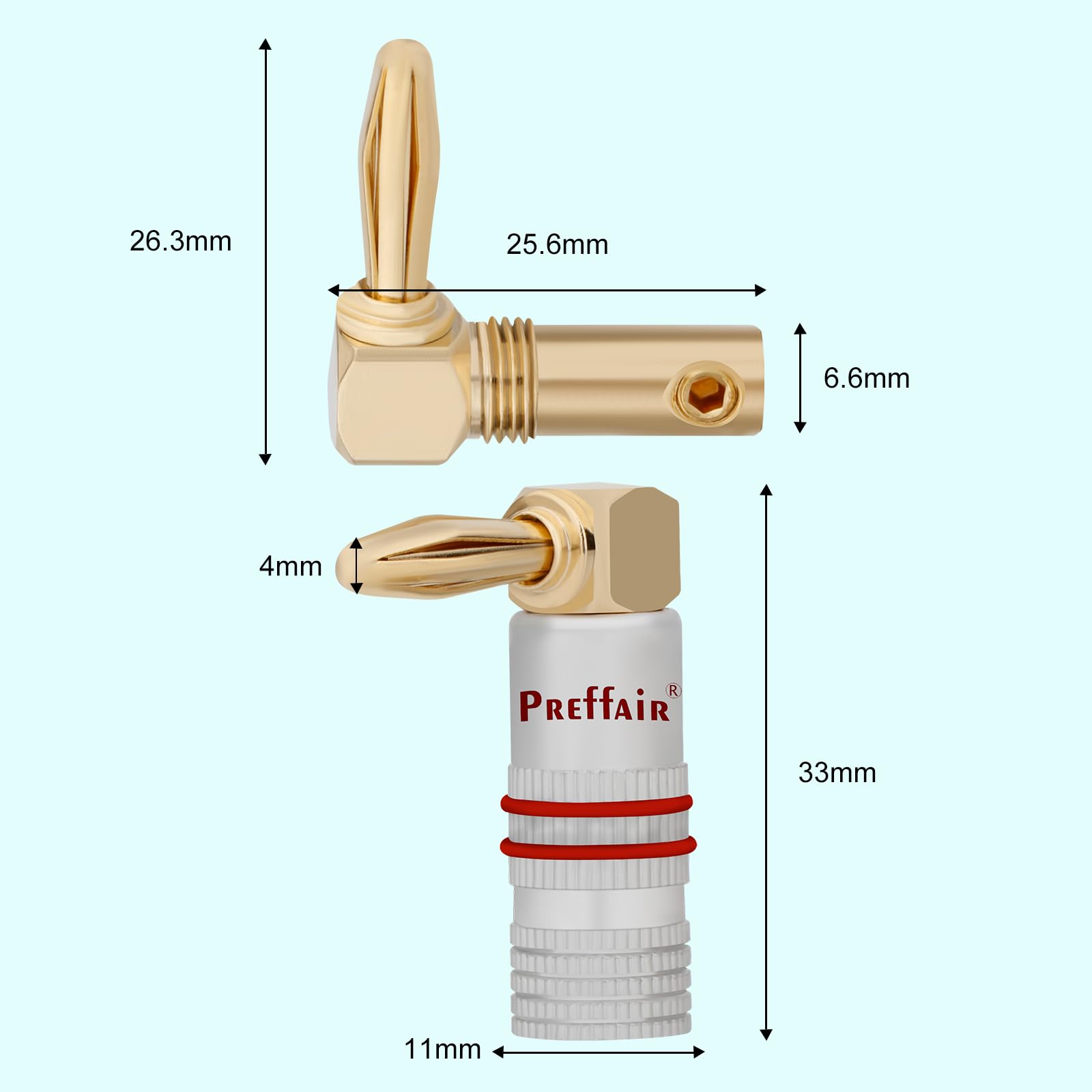 Preffair 12 PCS/6 Pairs 4mm Right Angle/90 Degree Speaker Banana Plugs Dual Screw Locking Speaker Connectors Gold Plated Audio Jack Connectors for Speaker Wire Cable Terminals