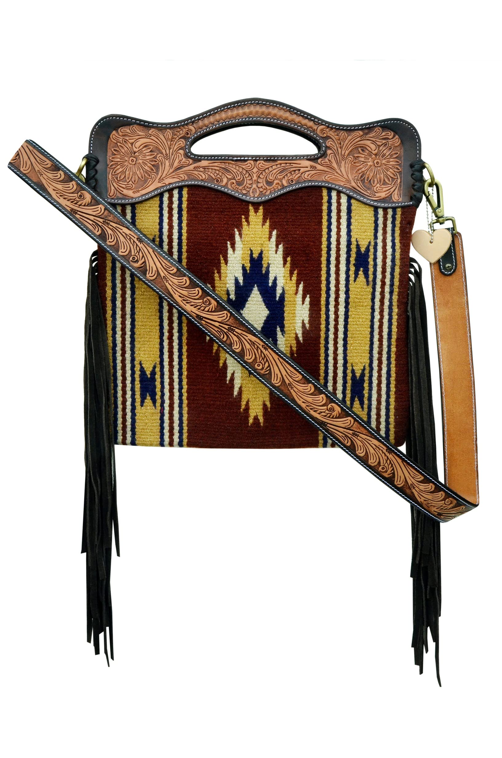 Affilare Saddle Blanket and Leather Crossbody Shoulder Bag with Fringes and Leather Hand Tooled Strap and Leather Hand tooled Panels 20AB008