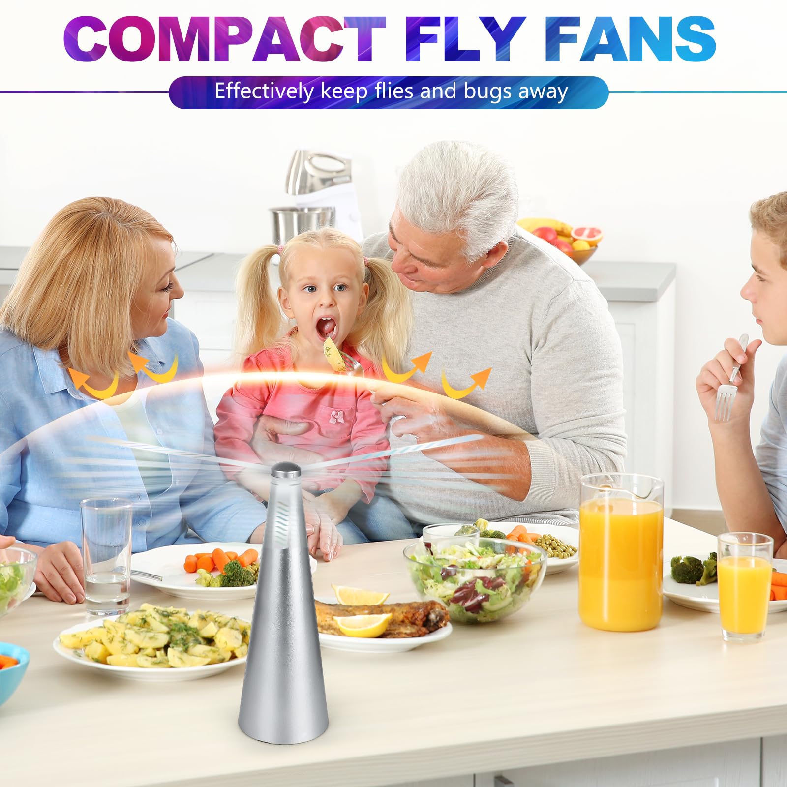VAIPI 5 Pack Fly Fans for Tables, Outdoor Indoor Portable USB Fly Fan with 2 Fly Swatter, USB & Battery Operated Table Top Food Fan Picnic Fly Spinner for Restaurant, Patio, Kitchen, Party, BBQ