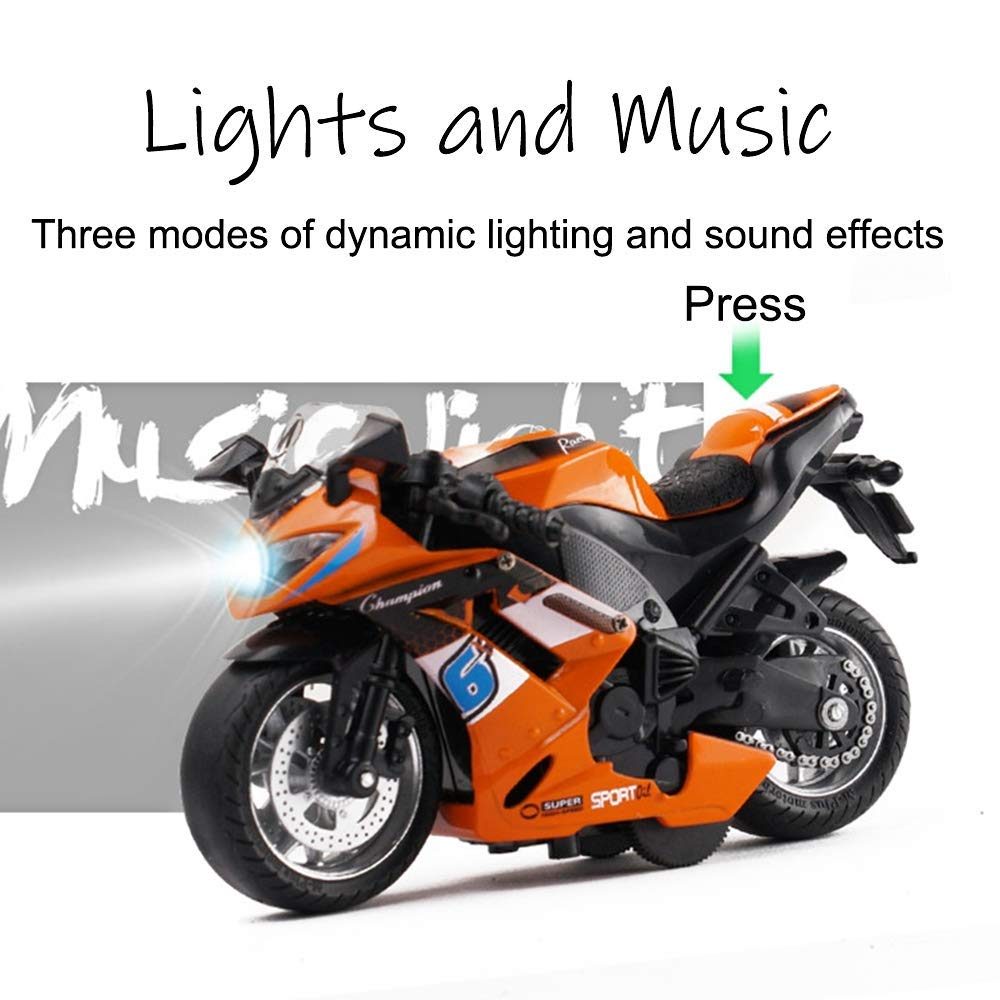 Gilumza Pull Back Motorcycle Toys, Tiny Gift with Music Lighting, Race Motorcycles Toy for Boys Kids Age 3 4 5 6 7 8 Year Old (Orange)