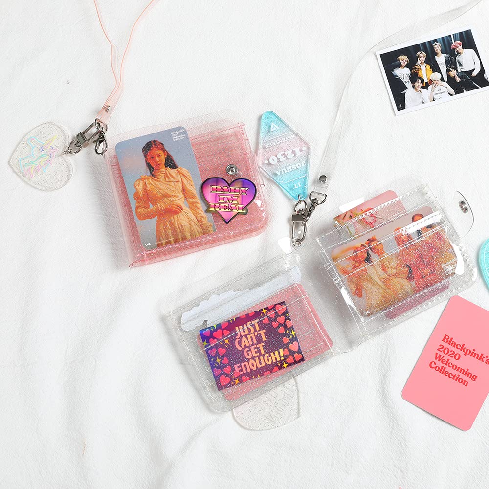 Clear Wallet Glitter Jelly Wallets Transparent Bifold Photocards Holder Lanyard Coin Pouch,Silver