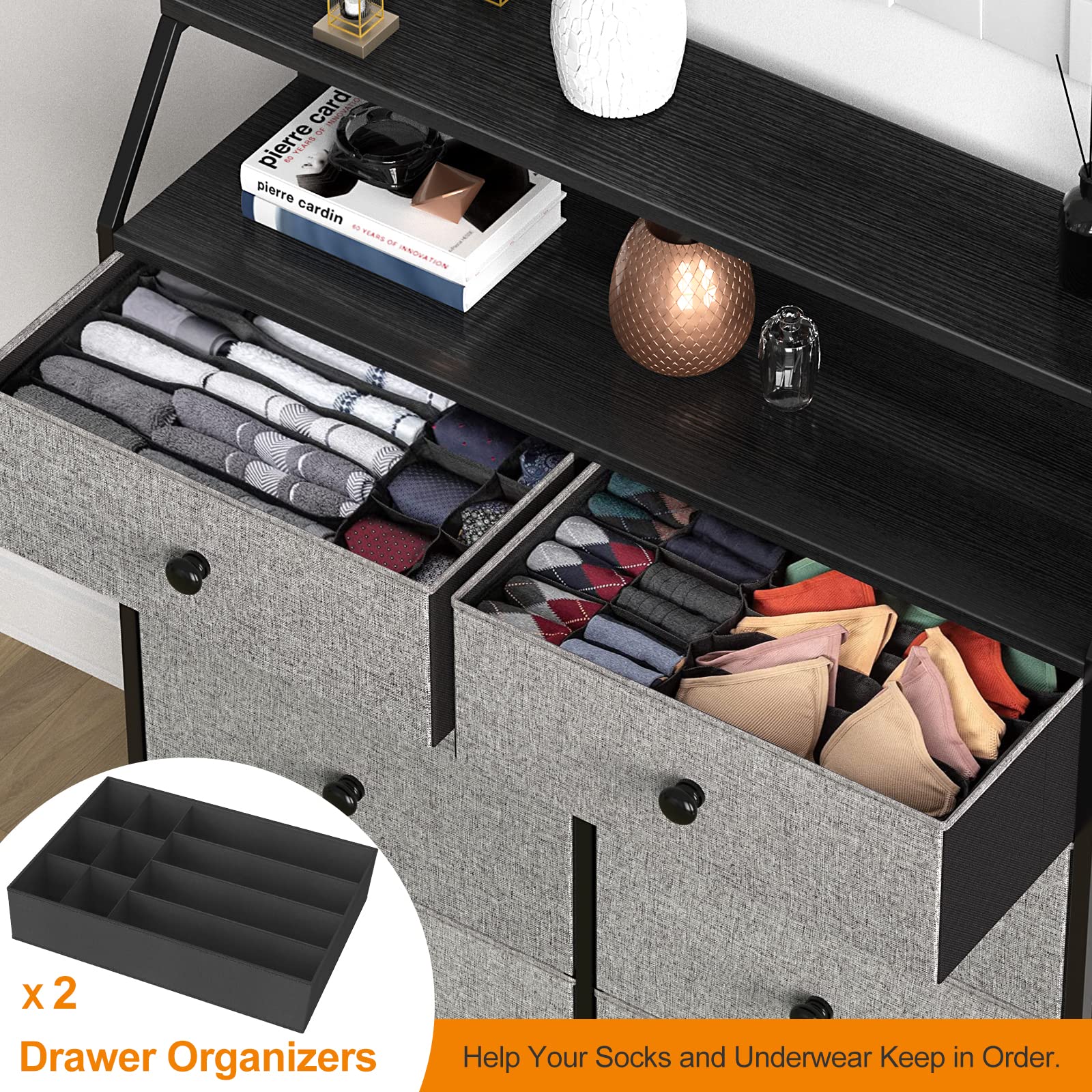 REAHOME 8 Drawer Steel Frame Wood Top Storage Organizer Dresser for Closet, Living Room, and Entryway with 2 Additional Drawer Organizers, Light Grey
