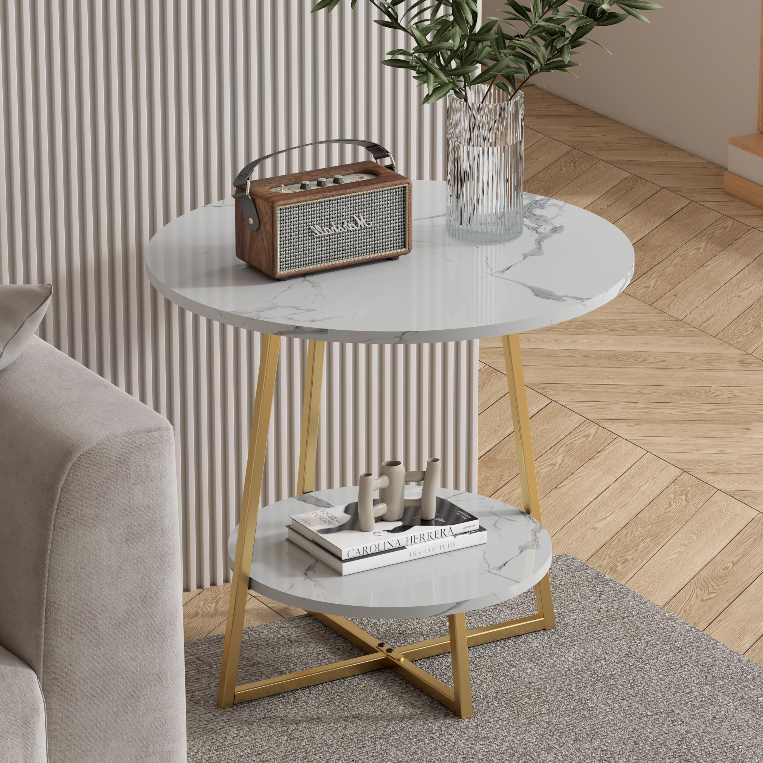Lamhorm 2 Tier Small Round Side Table, Wooden End Table with Storage Shelf, Modern Coffee Table with Gold Metal Frames for Living Room, Bedroom and Any Small Spaces 22.8β
