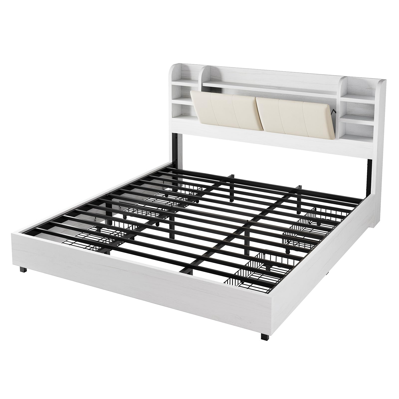 AMERLIFE King Size Bed Frame with 4 Storage Drawers, Upholstered Bed Frame with 47.2" Bookcase Headboard, Wooden Platform Bed with Charging Station/No Box Spring Needed/White