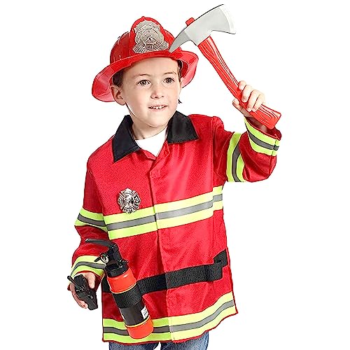 Firefighter Costume for Kids, Toddler Dress Up Costumes, Pretend Play Fireman Costume for Kids with Firefighter Gear, For Boys and Girls Ages 3-7