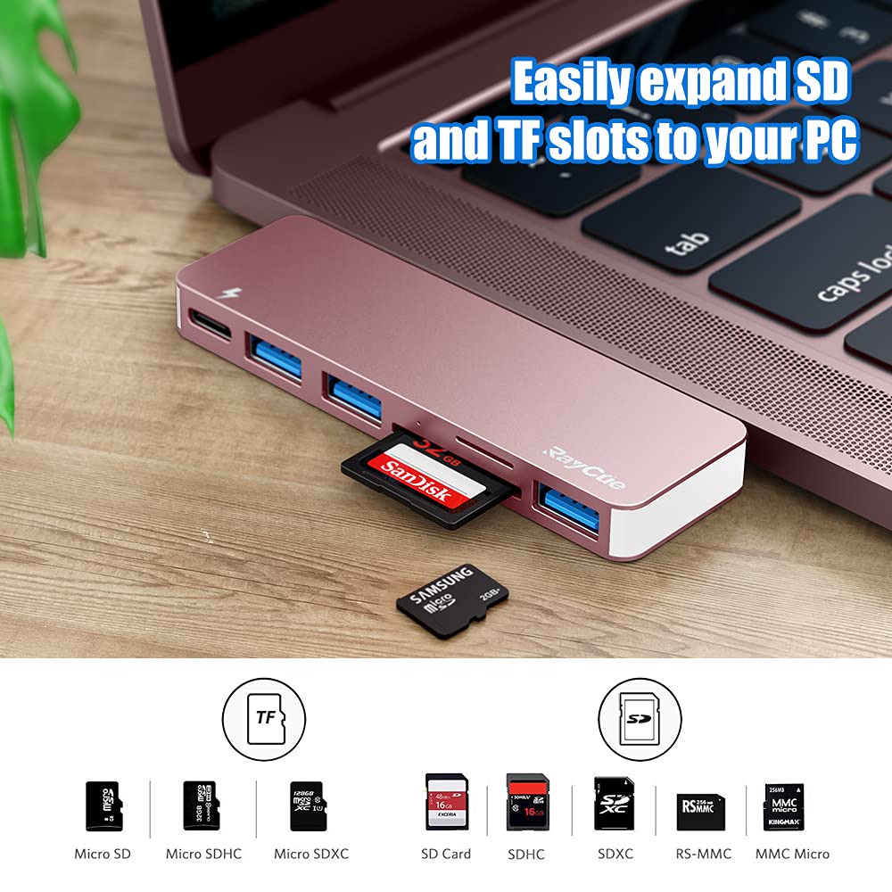 RayCue USB C Hub Adapter for MacBook Pro/Air M1 M2 M3 2023-2016, 6 in-1 USB-C Accessories Compatible with MacBook Pro 13″ and 15″ with 3 USB 3.0 Ports, TF/SD Card Reader, USB-C Power Delivery (Pink)