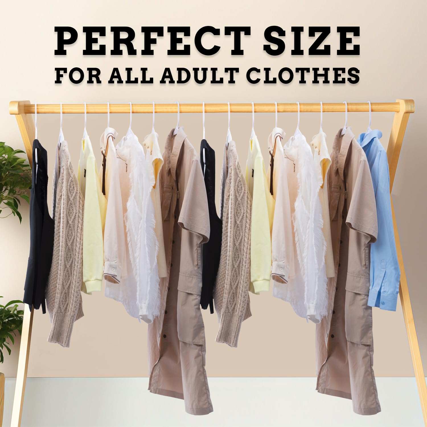 Our Modern Space 100 Pack Adult Plastic Hanger for Shirt Pants Coats Dresses Skirts Suits Jackets - Standard Thick Coat Hanger - Sturdy & Durable Design with Shoulder Grooves Hook - White