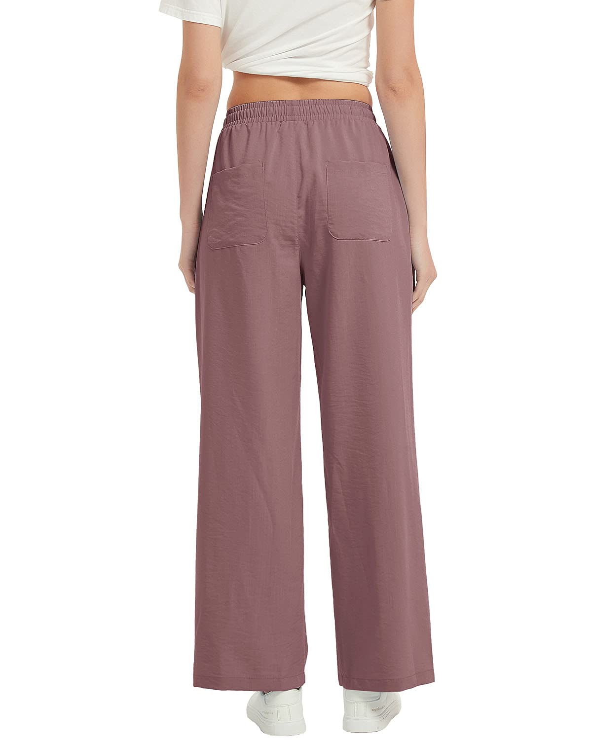 AjezMax Casual Bottoms for Women Wide Leg Pants Drawstring Trousers with Pockets Bean Paste L