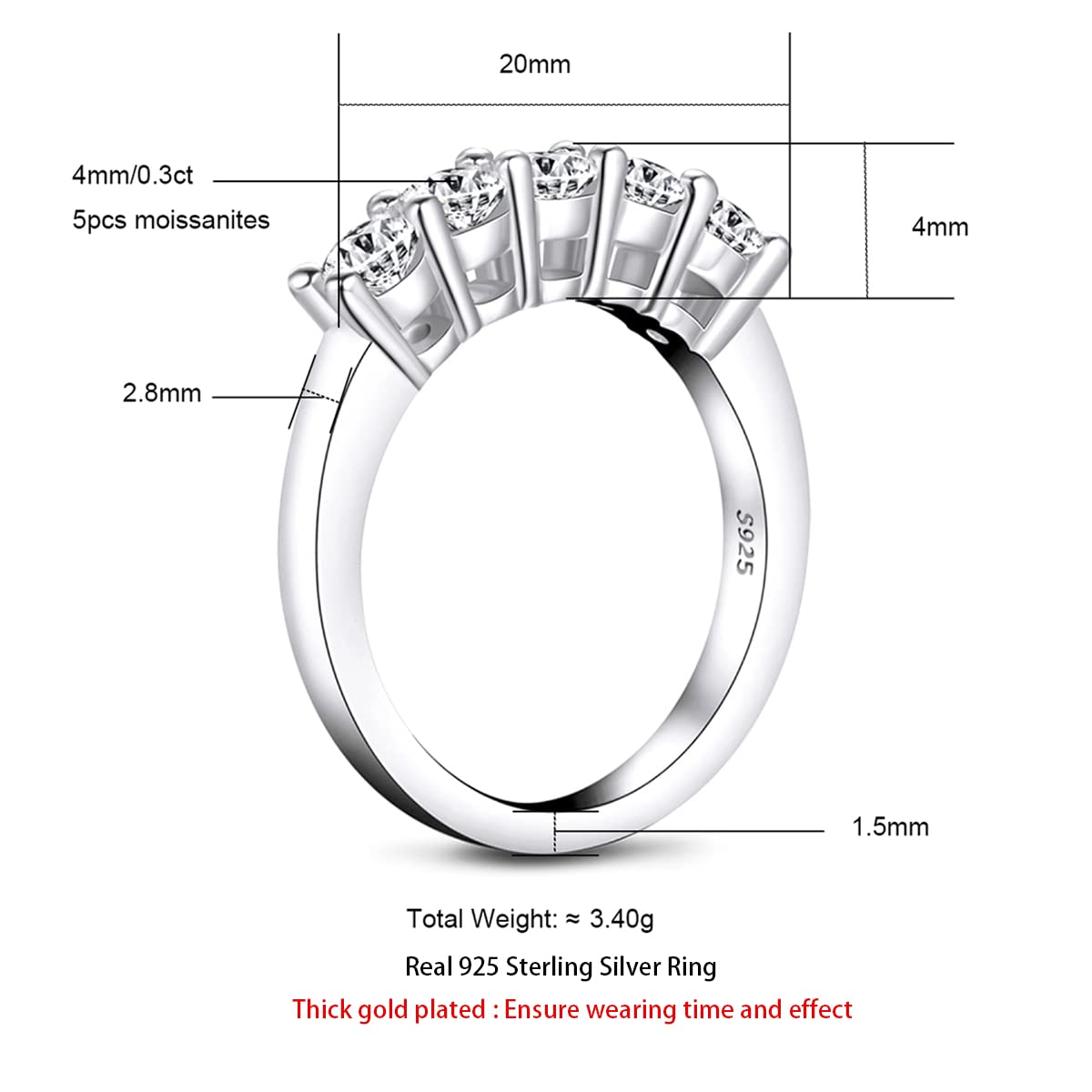 AnuClub 5 Stone Moissanite Ring 1.5cttw D Color Lab Diamond Gold Plated Silver Half Eternity Anniversary Wedding Band Ring With Certificate