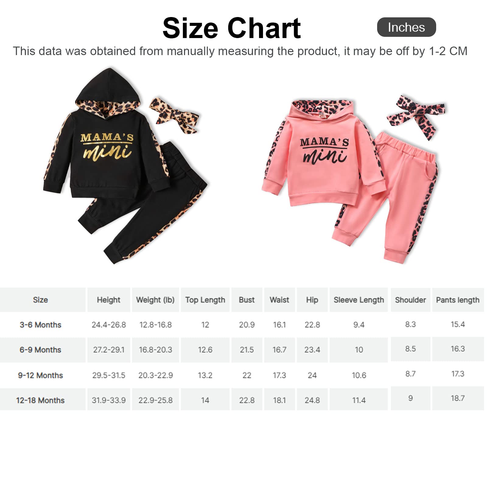 Baby Girl Outfits Long Sleeve Leopard Cotton Pullover Sweatshirt Mama's Mini Infant Hoodies Tops Pants Headband 3 Pcs 6-9 Months