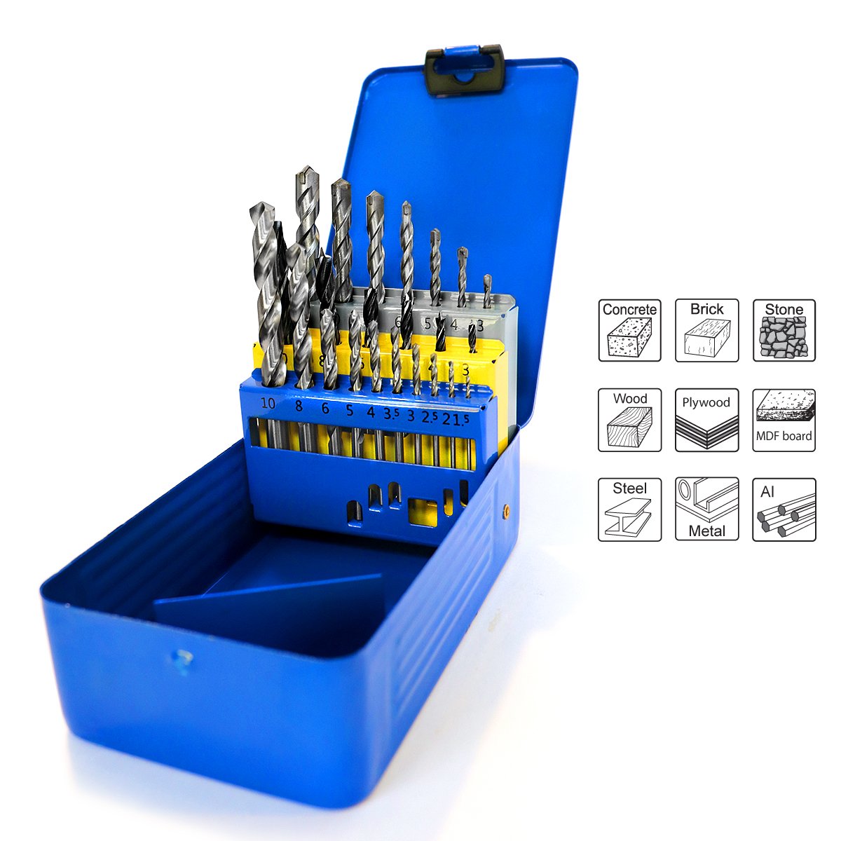 S&R Metal Concrete Masonry Drill Bit Set 23 Pcs. Multi Functional: 10 Metal Drills HSS M2 Steel / 7 Concrete Drills / 6 Wood Drills/Bits Set in Metal Box Multi-Purpose