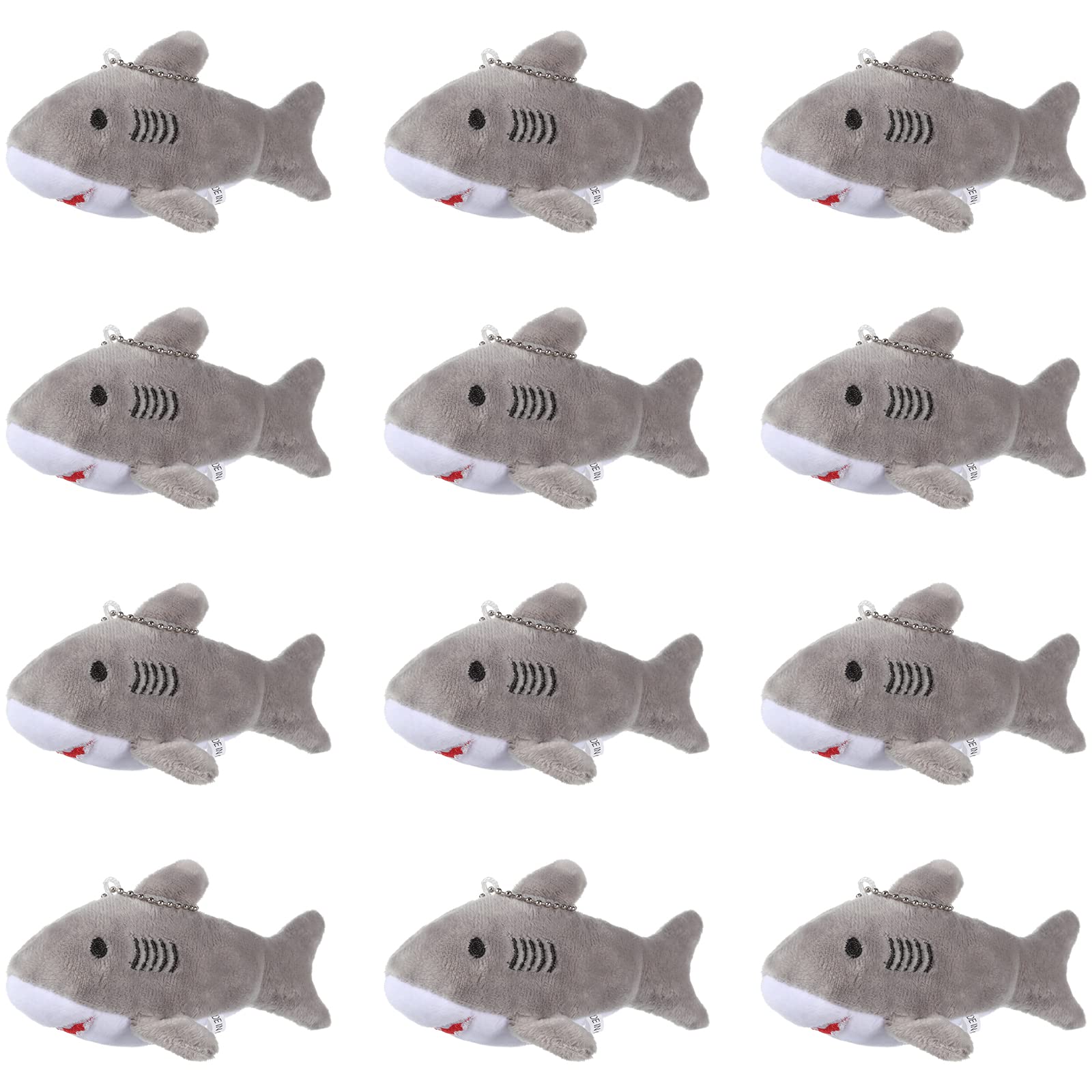 Chalyna 12 Pcs Shark Party Favors Mini Shark Stuffed Animal Shark Plush Toys Shark Keychain Tiny Ocean Animal Toys, 4.7 Inch(No Light,Gray)