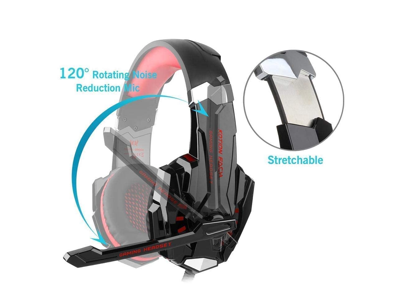 REDFIRE Stereo Gaming Headset for PS4, PC, Xbox One Controller, Noise Cancelling Over Ear Headphones Mic, LED Light, Bass Surround, Soft Memory Earmuffs for Laptop Mac Nintendo Switch Games -Red