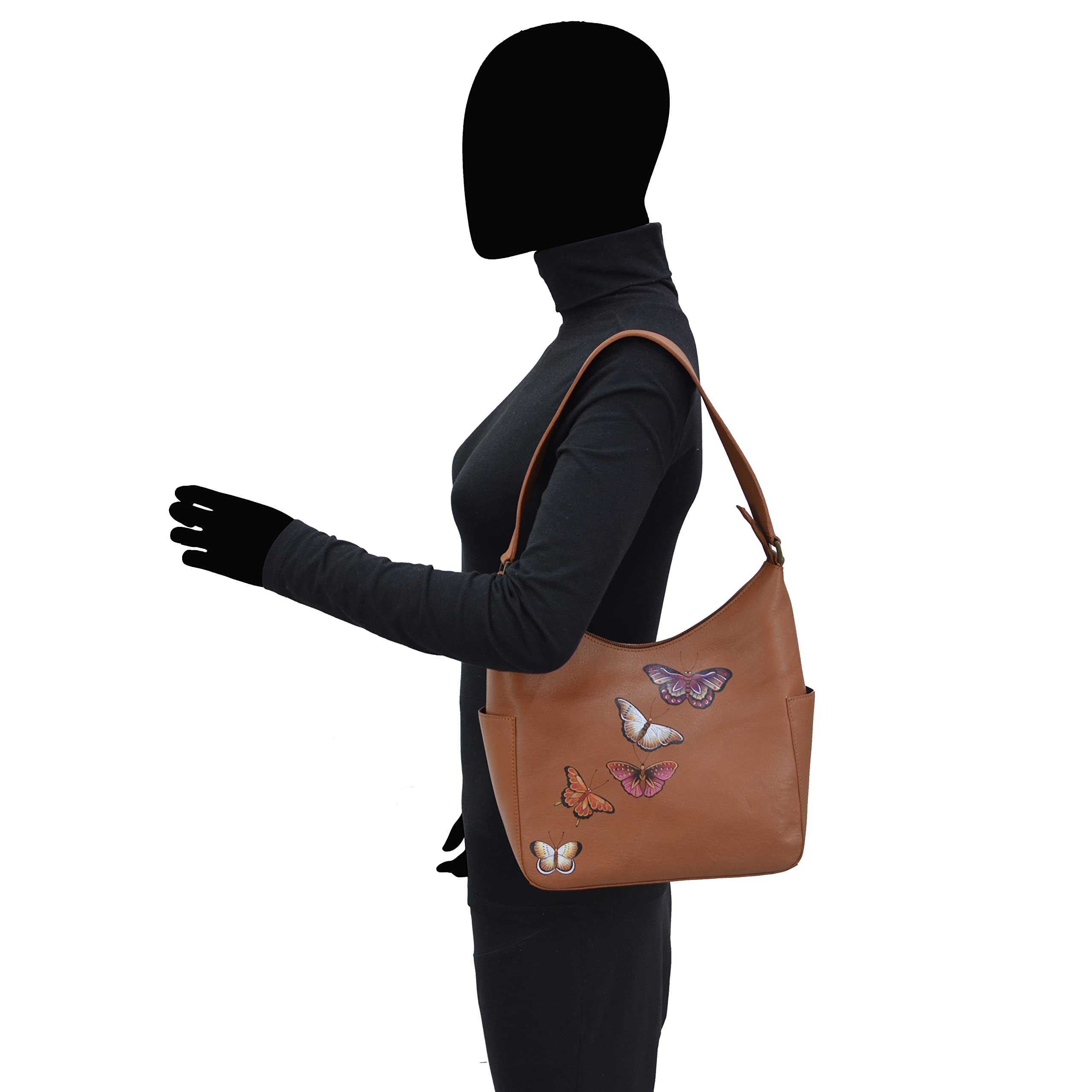 Anuschka Women's Hand Painted Genuine Vegetable Tanned Leather Hobo - Hummingbird Black