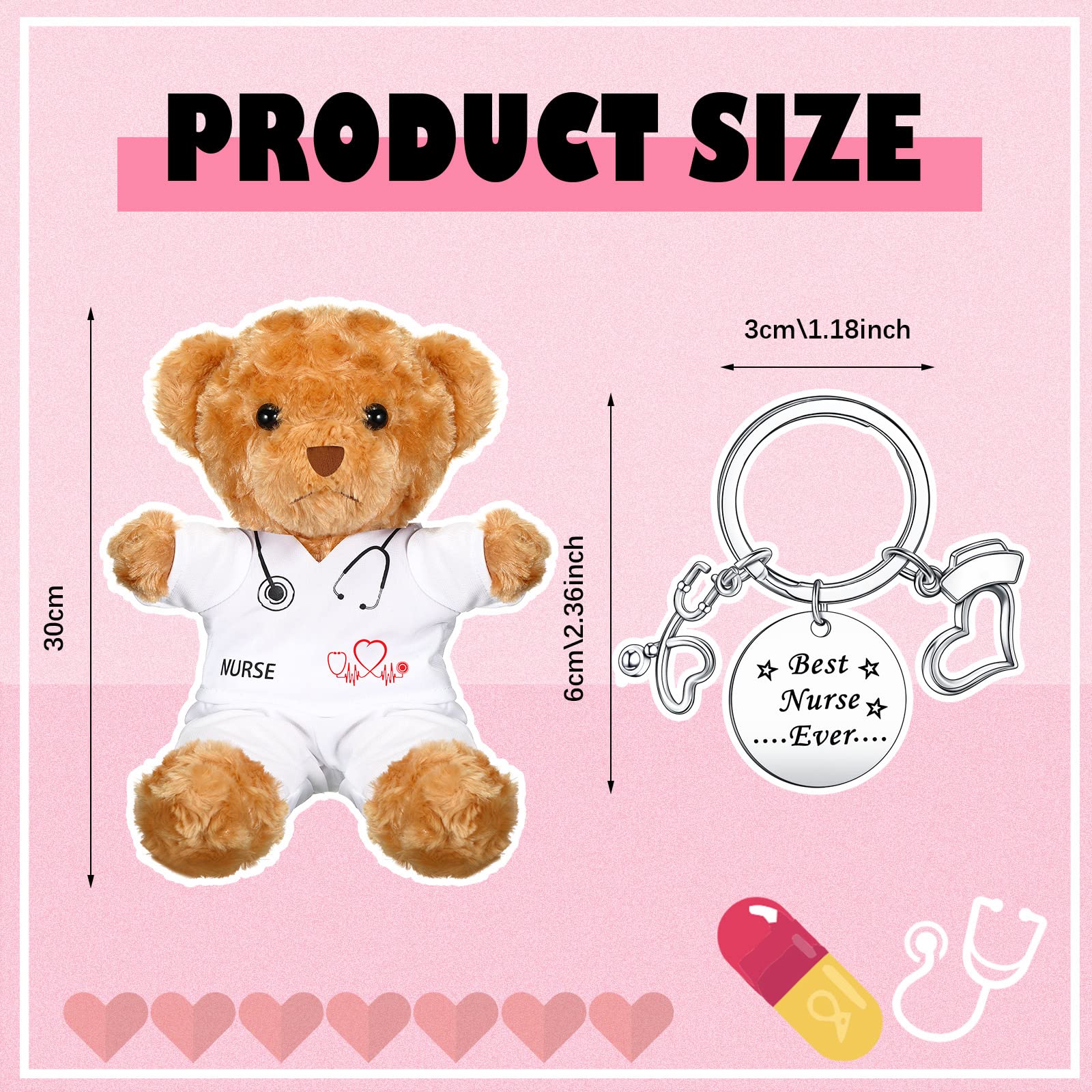 Hinly 2 Pcs Nurse Appreciation Gifts Nurse Bear Plush Toy Stuffed Animal Nurse Keychain Doctor Practitioner Graduation Gifts(White)
