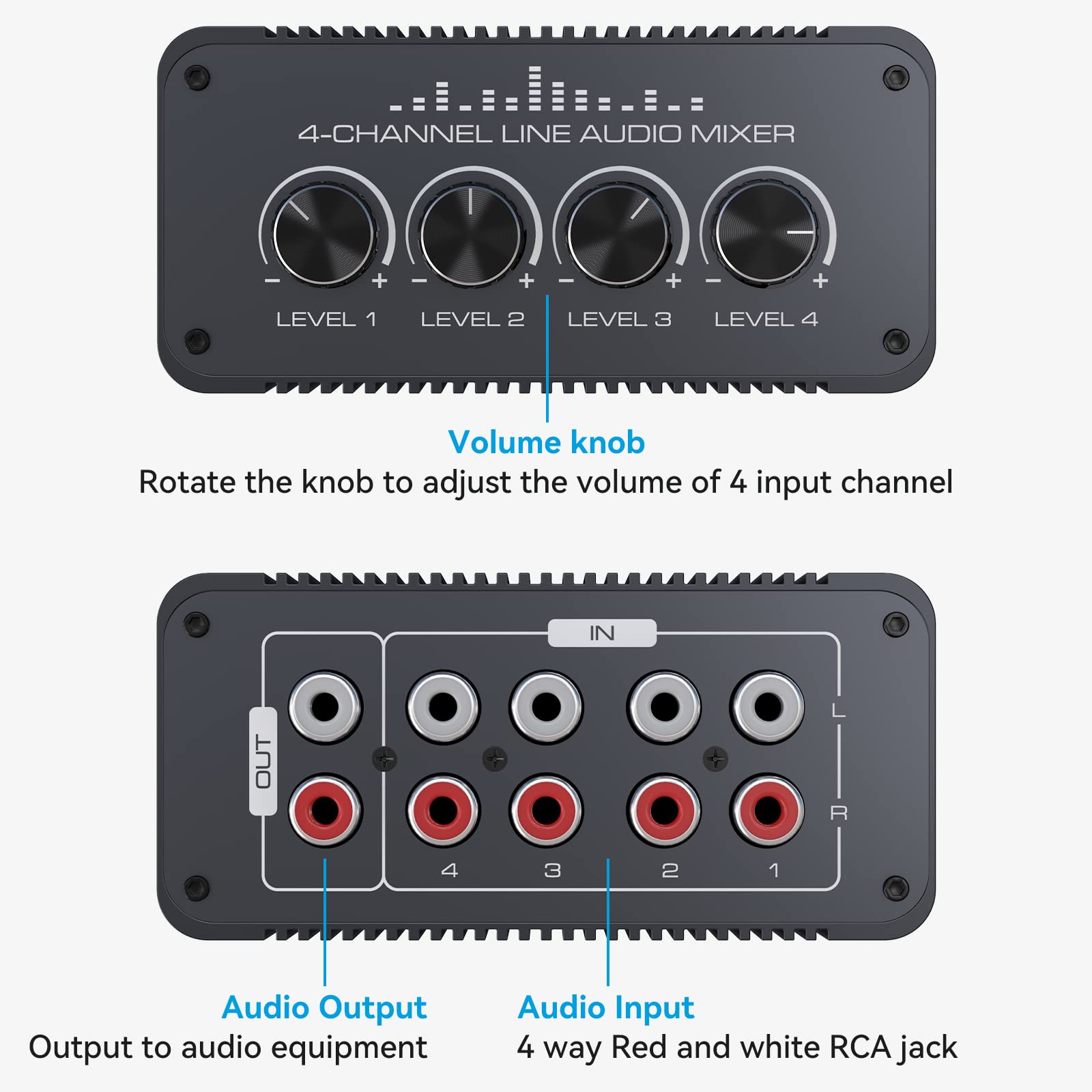 Audio Mixer Ultra Low Noise 4 Channel RCA L/R line Levels Control Box Passive Mixer RCA Inputs Output Separate Volume Controls for Small Club Bar or Recording Studio