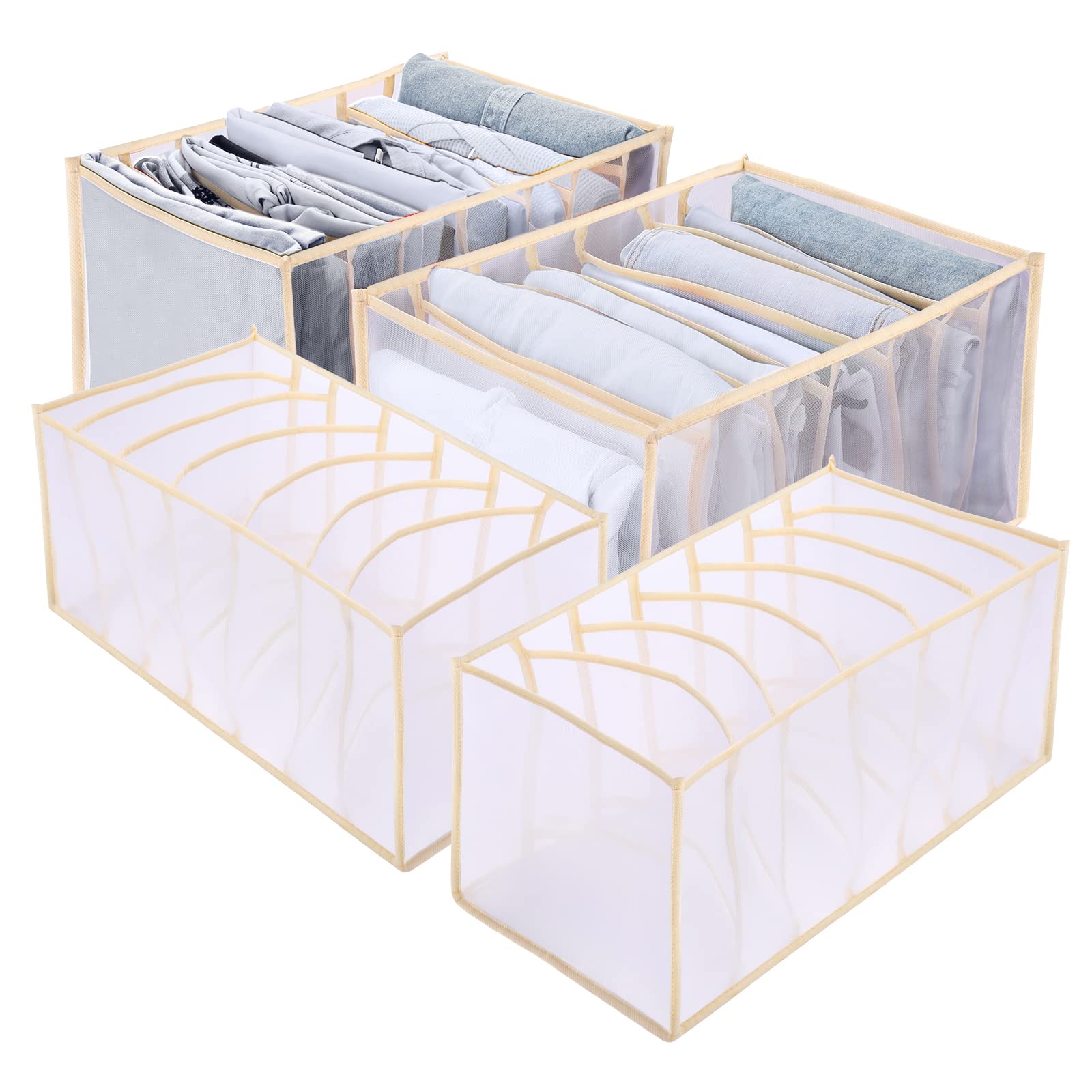 HIPTIS Wardrobe Clothes Organizer, 4PCS Closet Drawer Organizer for Closet, Mesh Clothes Storage Organizer 7Grids for Thin Jeans, T-shirts, Underwear, Socks, Scarves, Leggings, Skirts 2L+2M