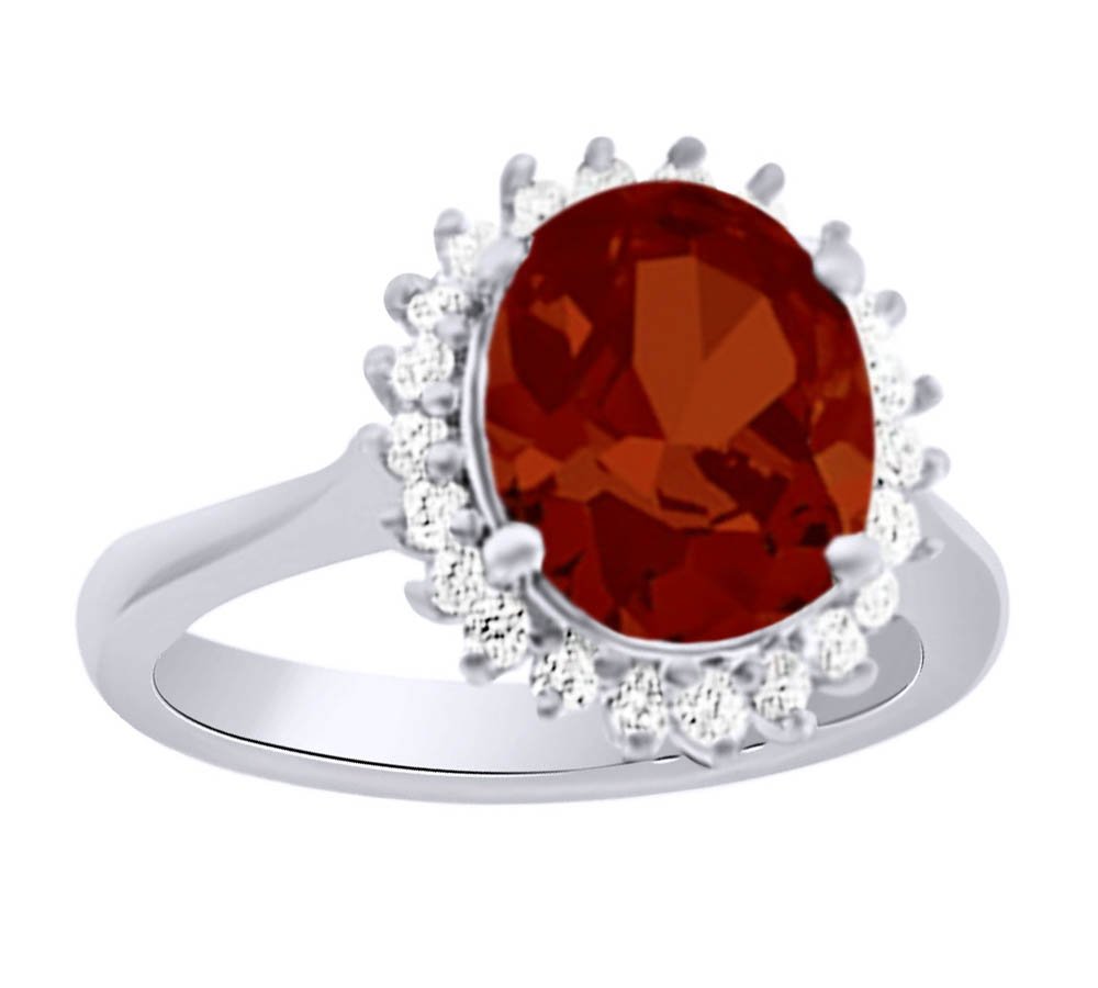 AFFY 3.83 cttw Simulated Red Garnet & White Natural Diamond Halo Engagement Wedding Ring in 14k White Gold Ring Size -8.5