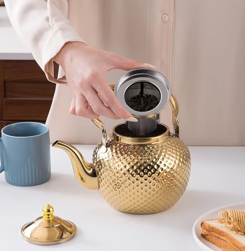 SANQIAHOME 2000ml teapot with Infuser stainless steel Water Boilers lifting handle Tea Maker Water Kettle for Induction/Gas gold
