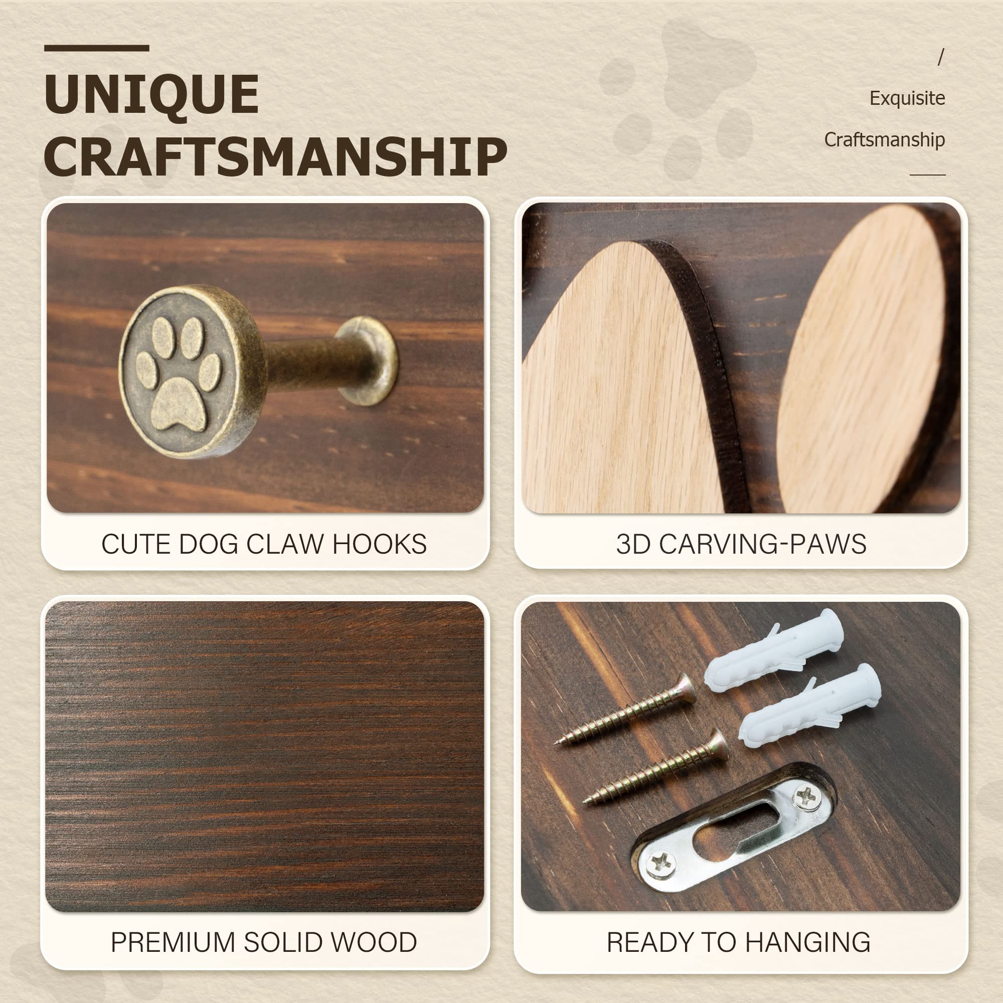 MTERSN Farmhouse Key Holder for Wall - Decorative Dog Leash Hanger Wall Mounted and Coat Rack with 5 Unique 3D Dog Claw Hooks - Dog Accessories Organizer for Rustic Home Decor(Brown)