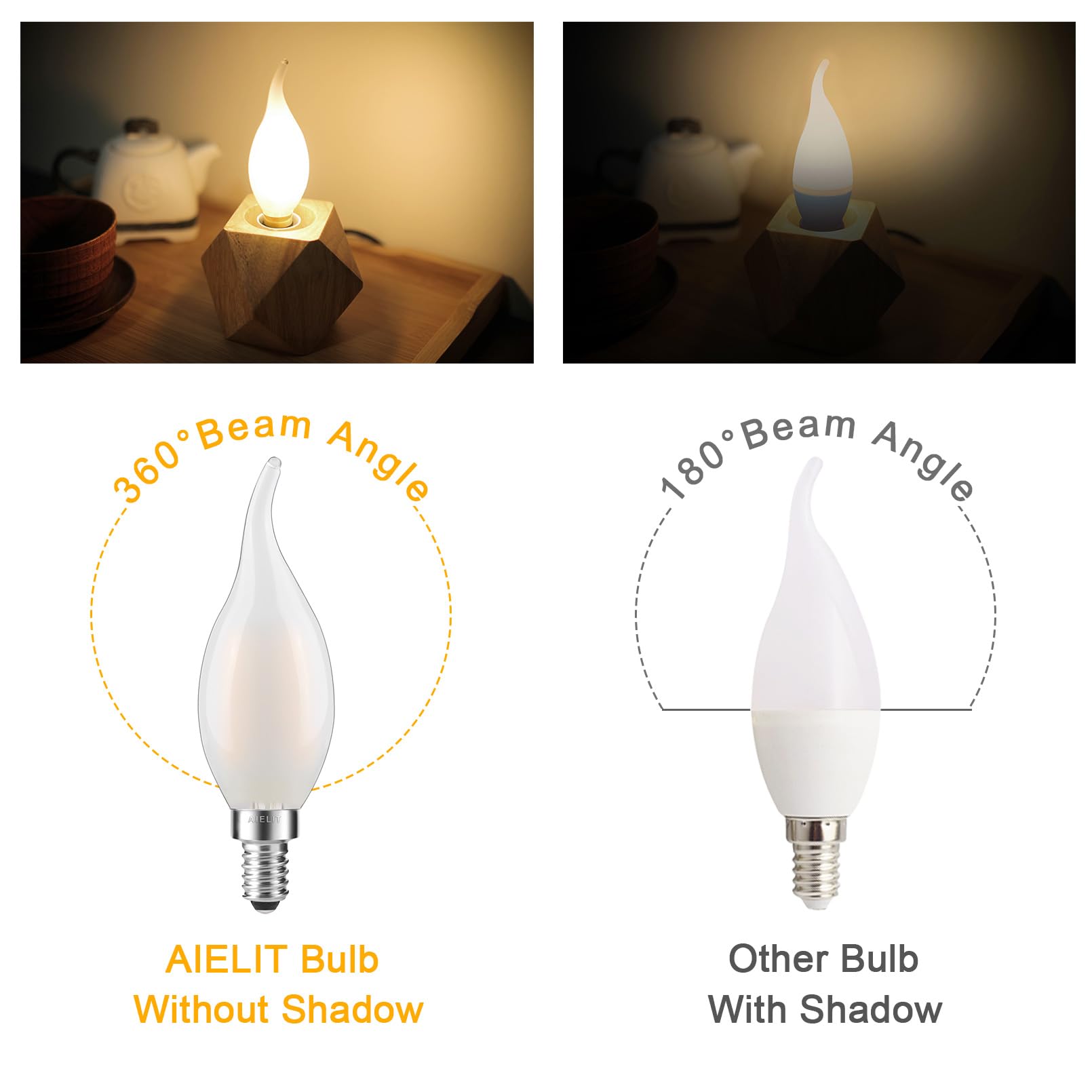 AIELIT E12 LED Bulb 25 watt LED Chandelier Light Bulbs Dimmable, Flame Tip Candelabra LED Bulbs, 2W, 200LM 5000K Daylight White, CA10 Candle Light Bulbs for Ceiling Fan, Pendant, Wall Sconces, 4 Pack