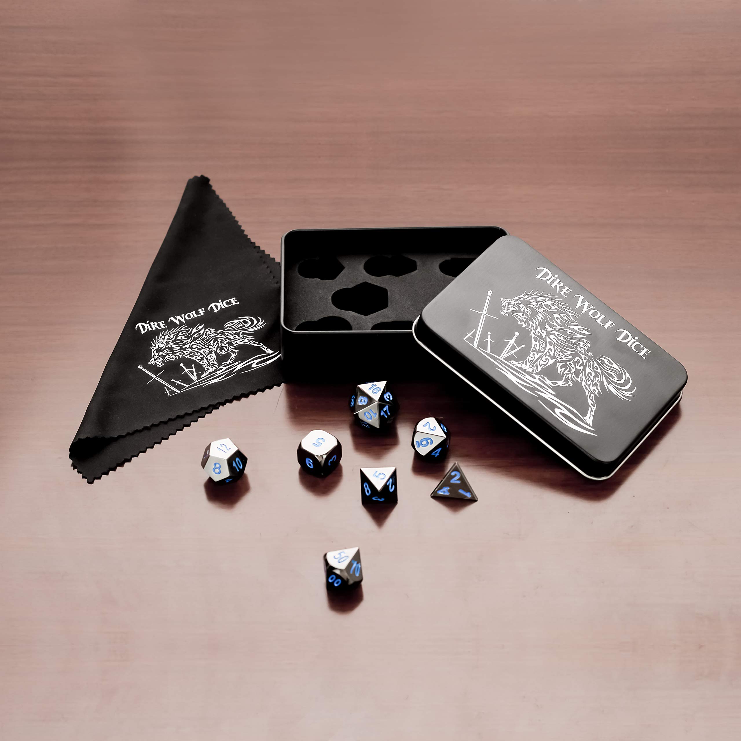 Dice Tin and Polishing Cloth / Dice Mat for Metal Polyhedral DND Dice Set (Dire Wolf), Gift Case for Role Playing RPG Like Dungeons and Dragons D&D, Pathfinder, Magic The Gathering MTG Games Sets
