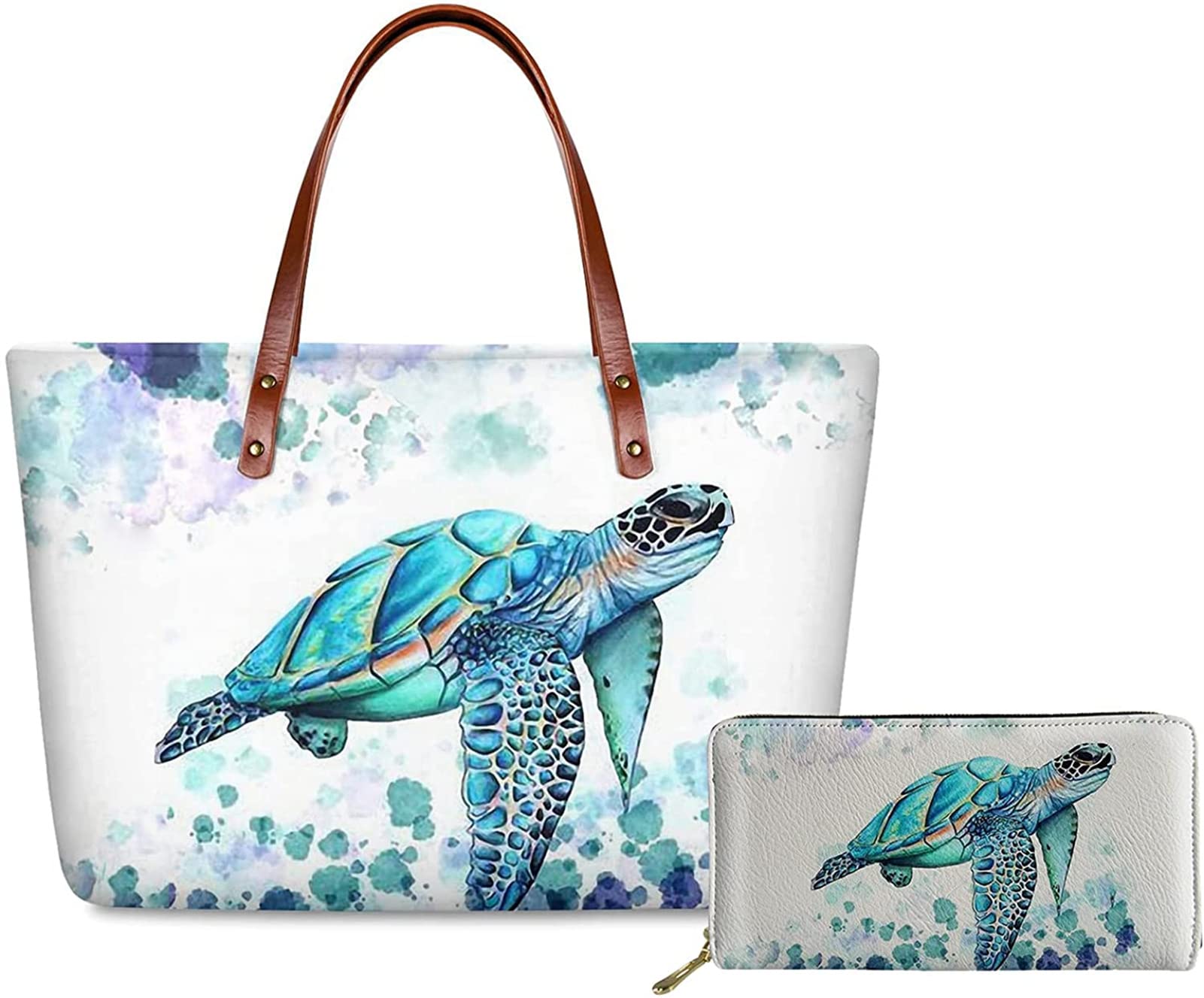 Wideasale Women's Handbag Wallet 2Pcs Set,Sea Turtle Roomy Shoulder Bag Ladies Zip Purse Fashion Tote Portable Casual Top Handle Bag