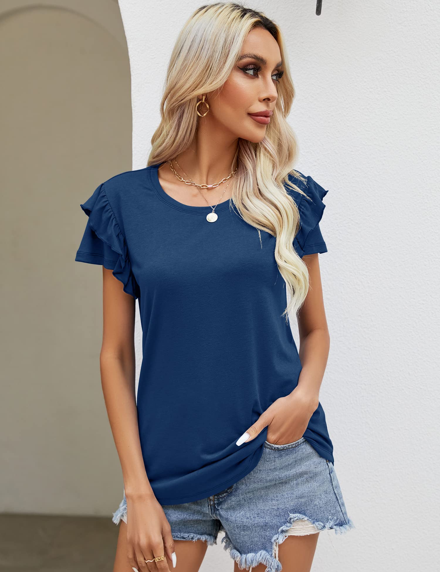 AKEWEI Women's Ruffle Tops Summer Crew Neck Cap Sleeve Shirts Cute Loose Casual Tops Tee Shirt Navy Blue XL