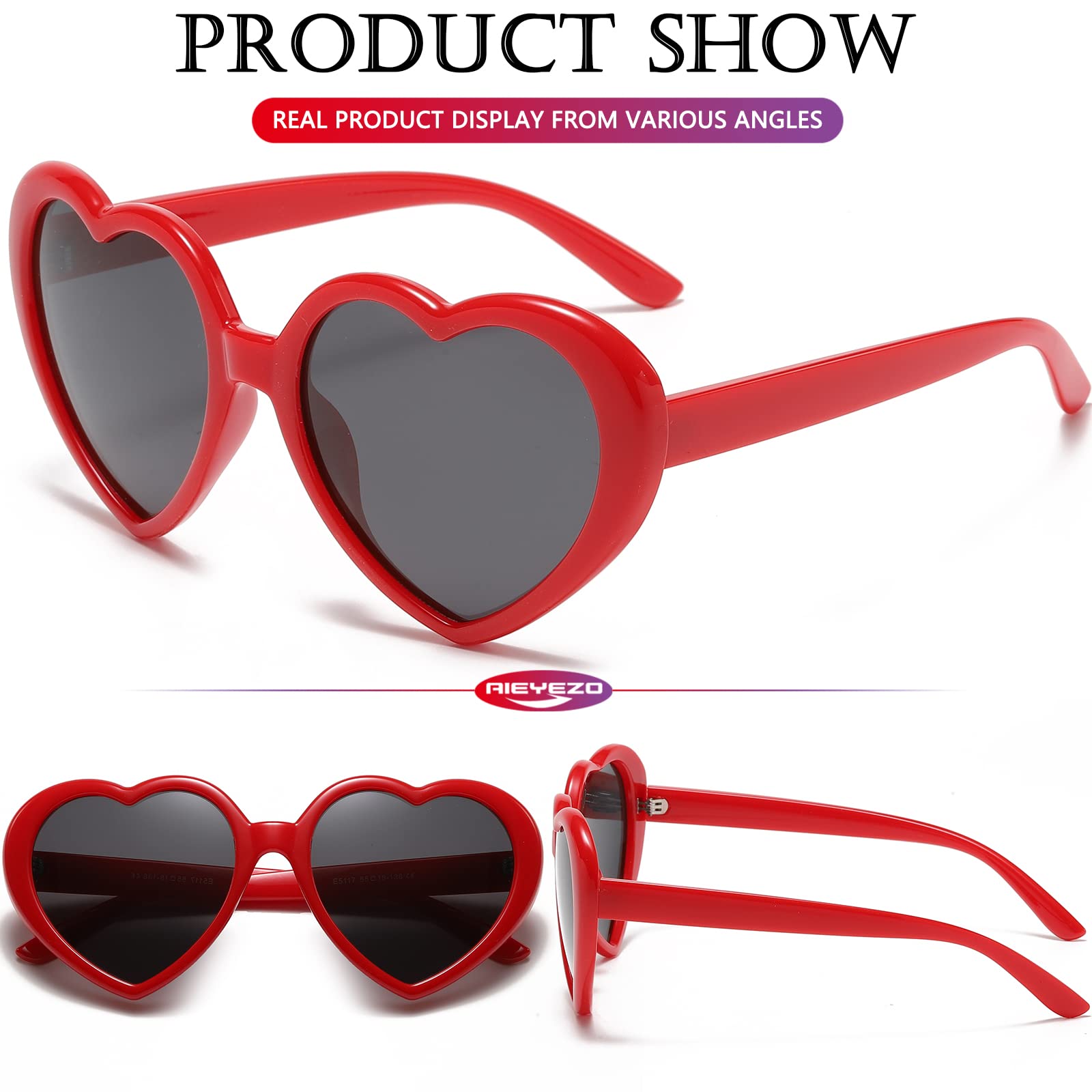 AIEYEZO Love Heart Sunglasses for Women Polarized Heart Frame Sun Glasses 100% UV Blocking Lens (Red/Grey)